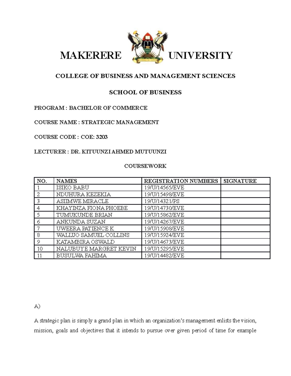 Strategic coursework final - MAKERERE UNIVERSITY COLLEGE OF BUSINESS ...