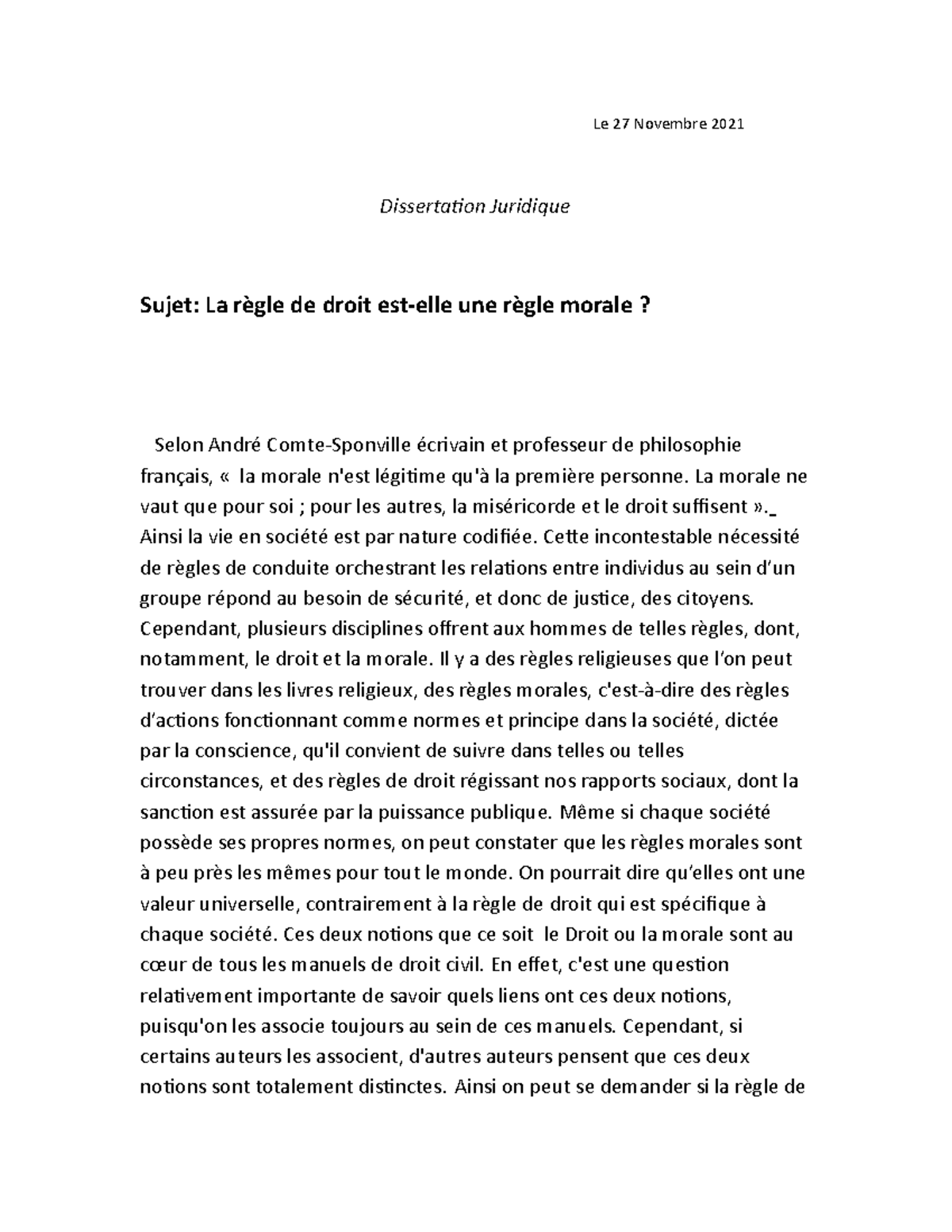 Methodologie juridique Disseration 2 - Le 27 Novembre 2021 Dissertation ...