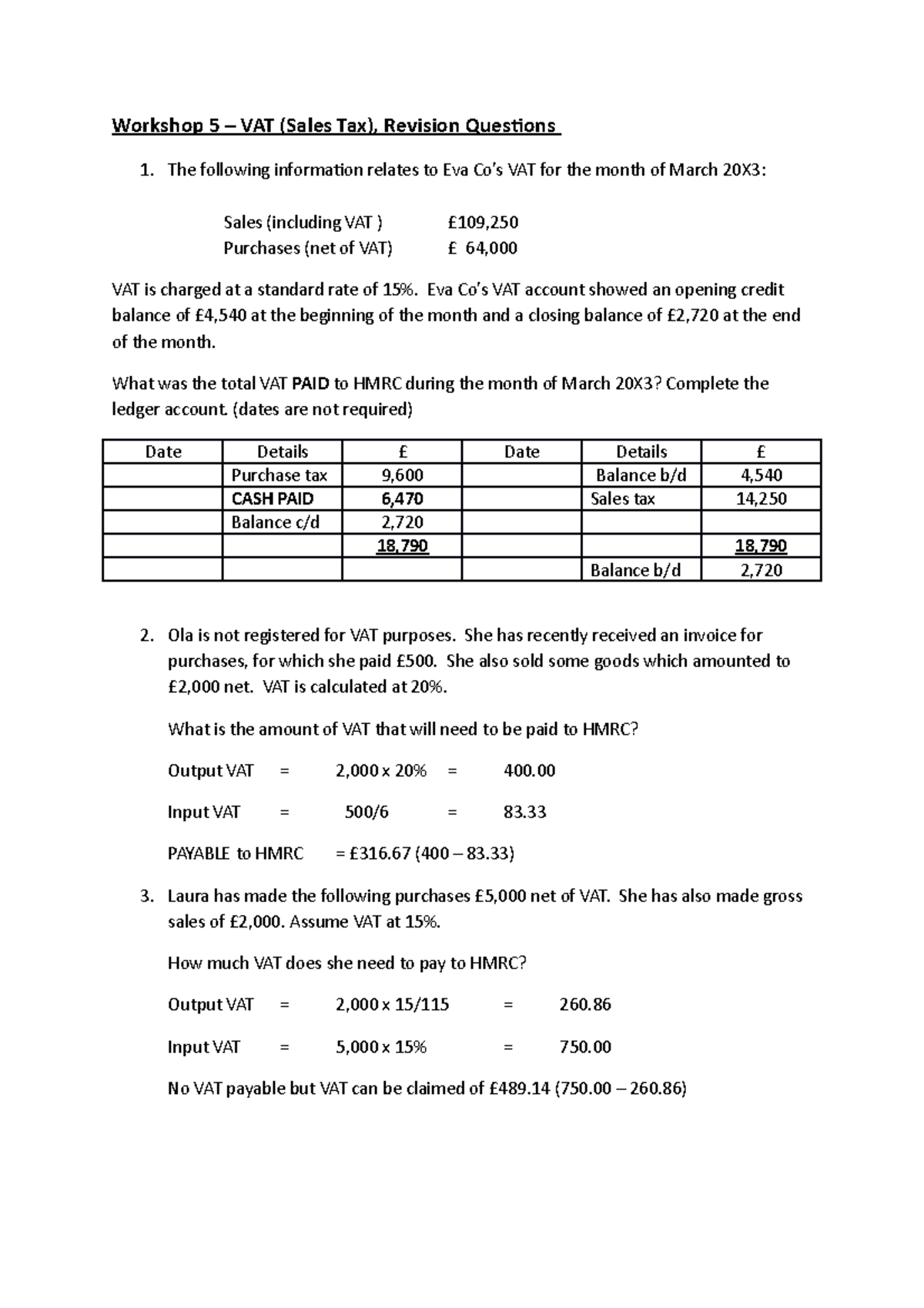 Workshop 5 - VAT Questions - Answers - Workshop 5 – VAT (Sales Tax ...