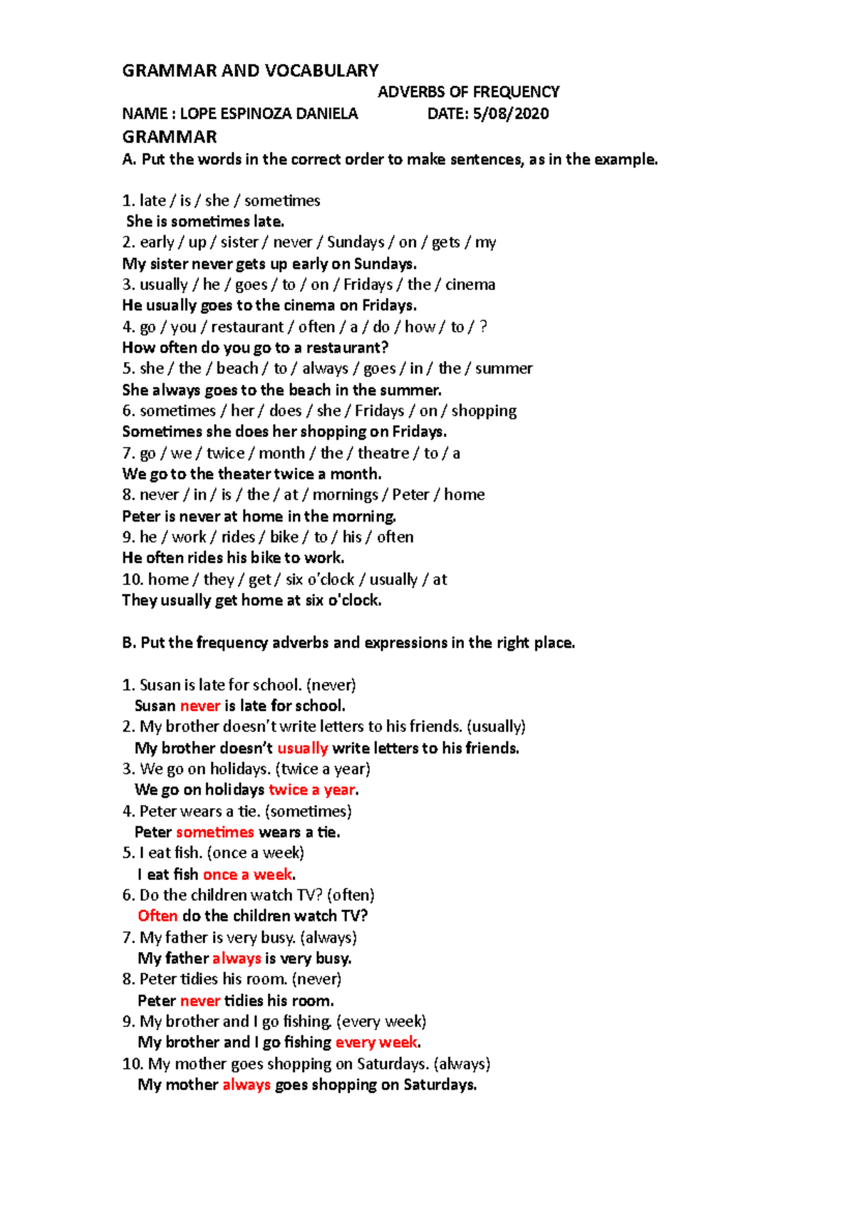 Grammar AND Vocabulary Worksheet - GRAMMAR AND VOCABULARY ADVERBS OF ...