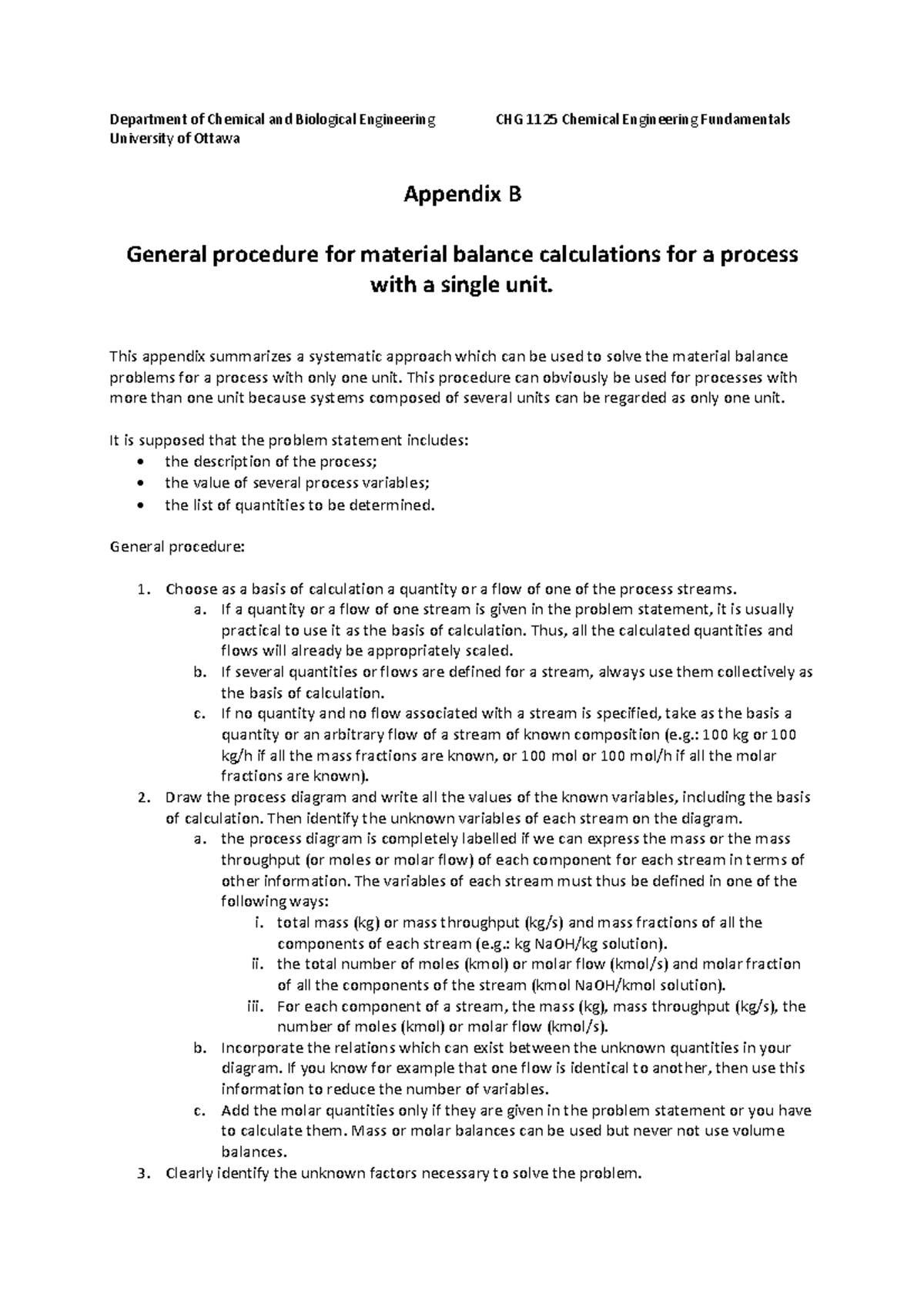 Material Balance Procedure - Department of Chemical and Biological ...