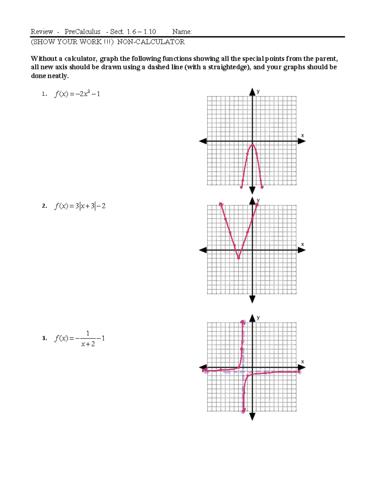 Chapter 1.5 - 1.7 Review Key - Review - PreCalculus - Sect. 1 – 1 Name ...