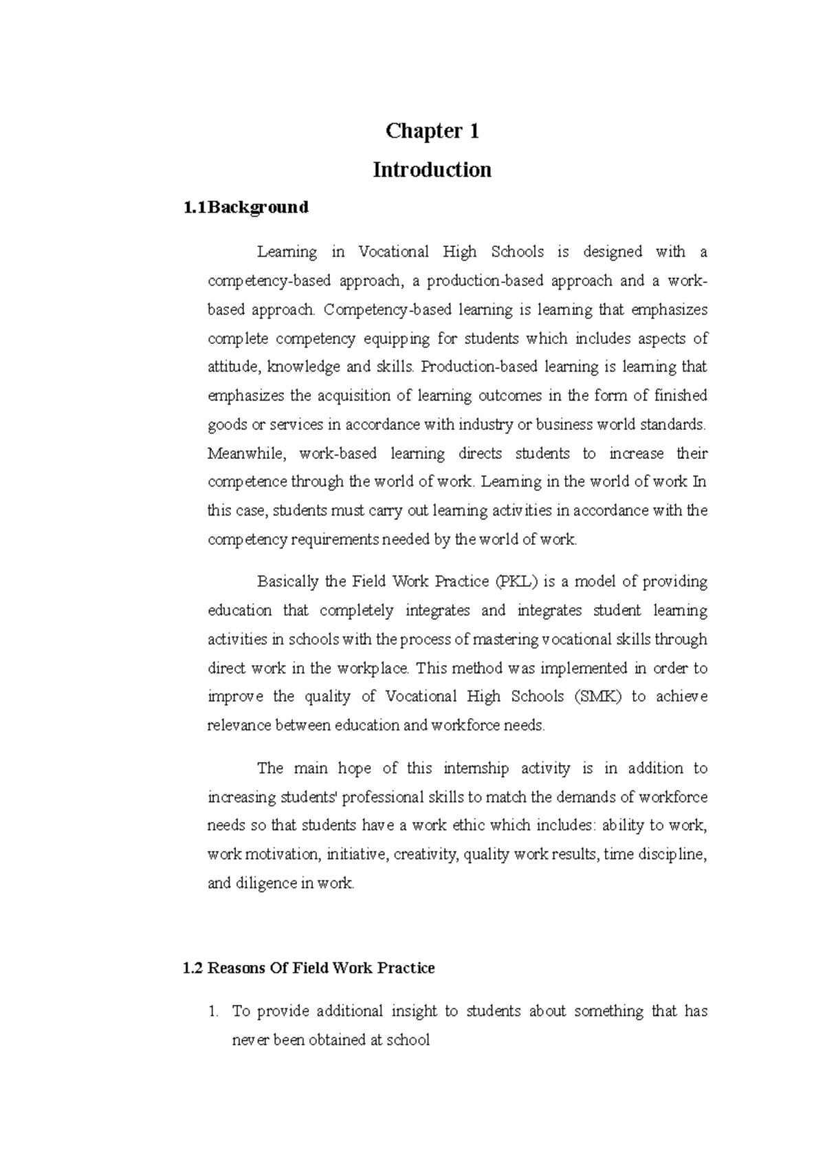 Chapter 1 Introduction to Field Work Practice Report - Chapter 1 ...