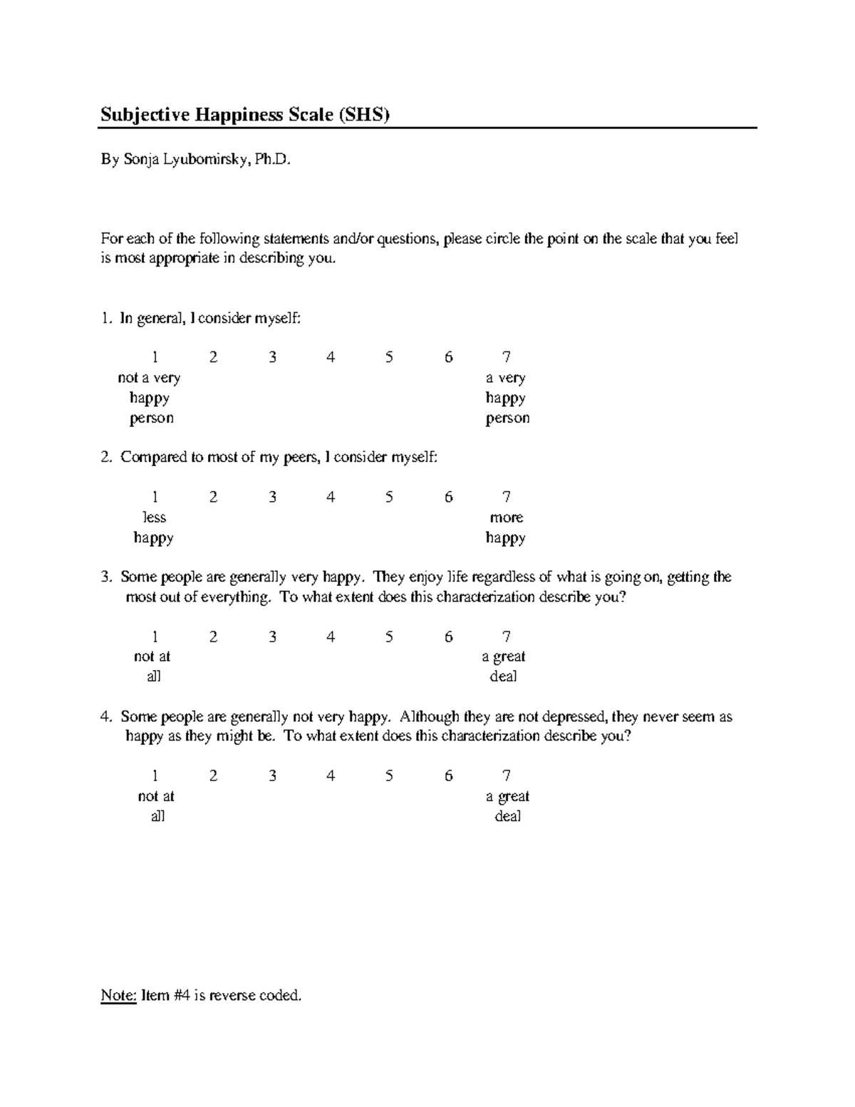 Subjectivehappinessscale - Subjective Happiness Scale (SHS) By Sonja ...