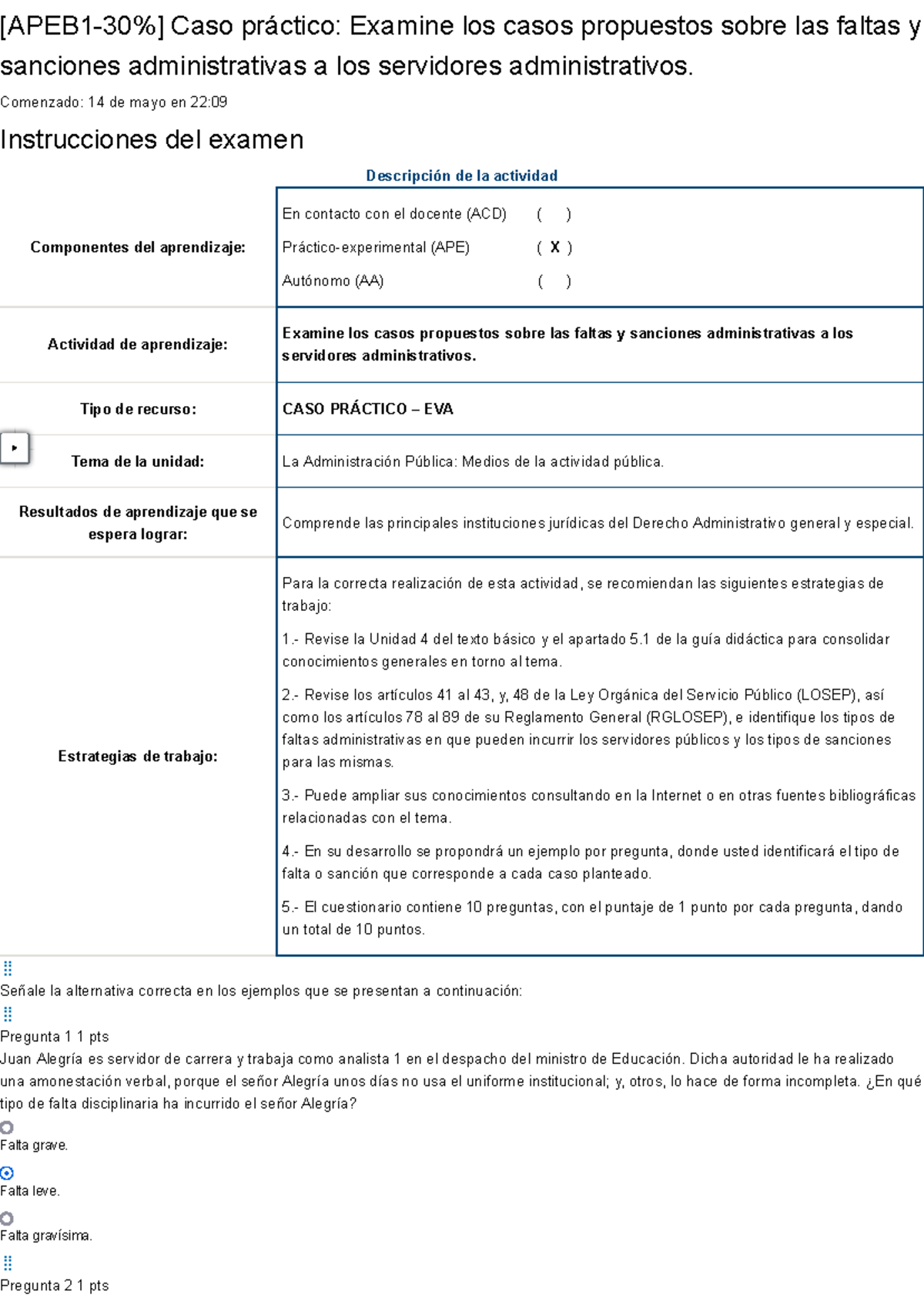 Examen [APEB 1-30 ] Caso práctico Examine los casos propuestos sobre las faltas y sanciones ...