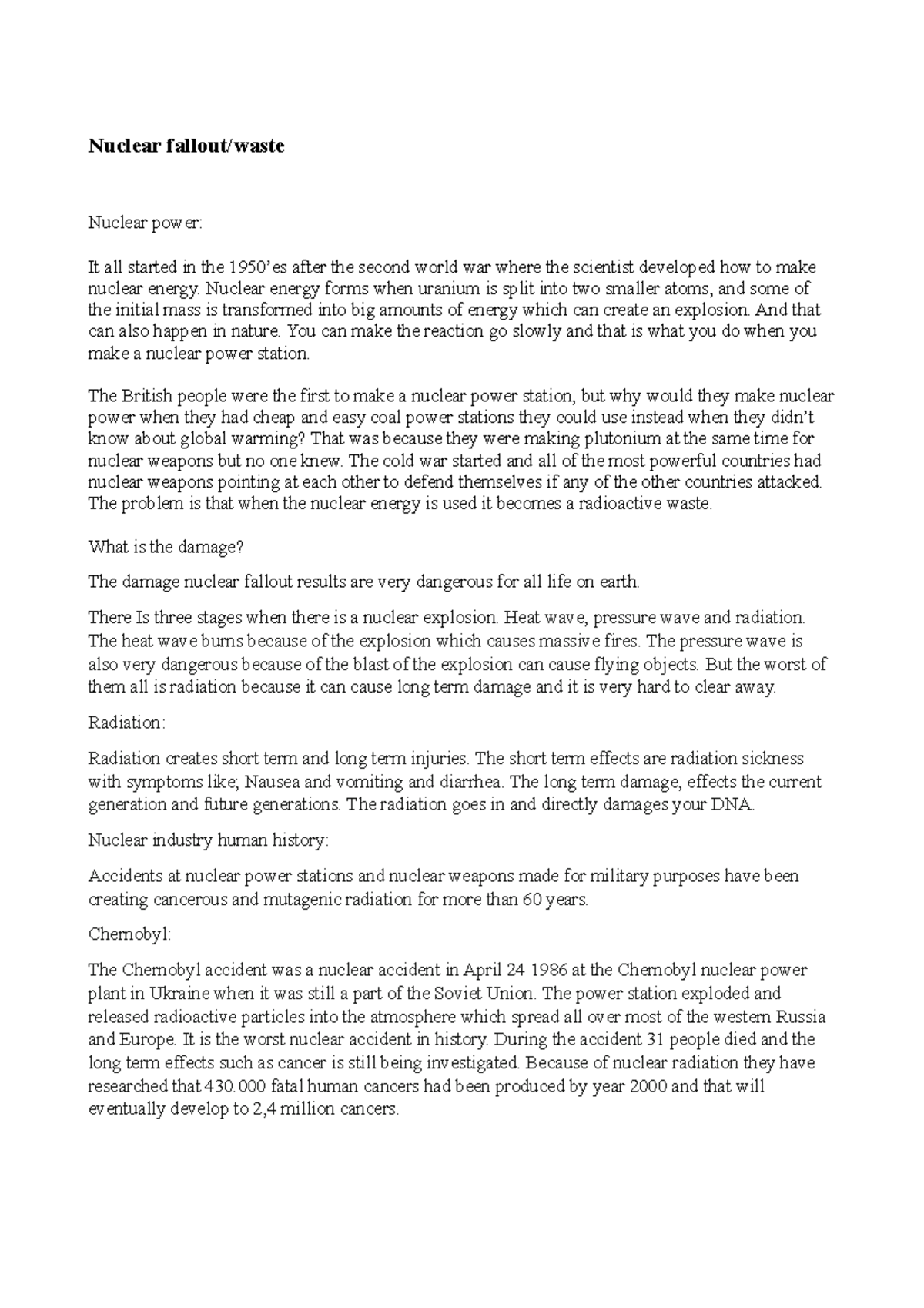 Nuclear fallout - tekst - Nuclear fallout/waste Nuclear power: It all ...