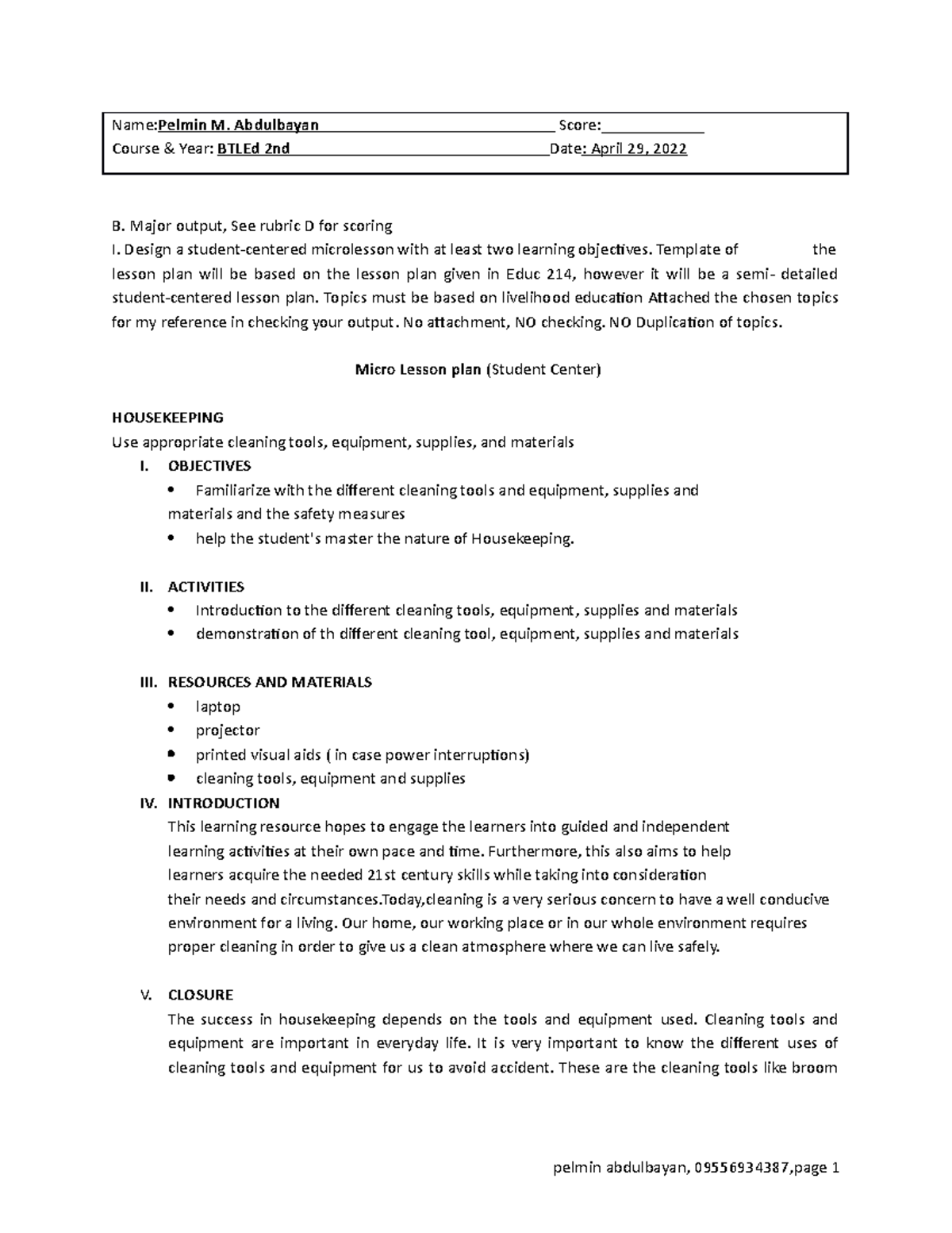 Micro lesson plan 2 - summary - Name: Pelmin M. Abdulbayan Score ...