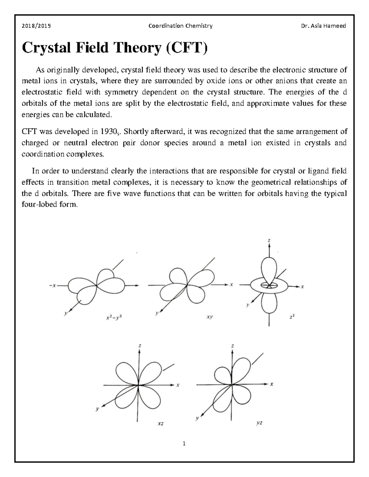 Physical chemistry - Crystal Field Theory (CFT) As originally developed ...