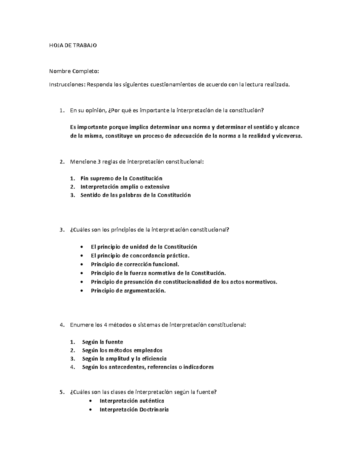 HOJA DE Trabajo Constitucional I - HOJA DE TRABAJO Nombre Completo ...