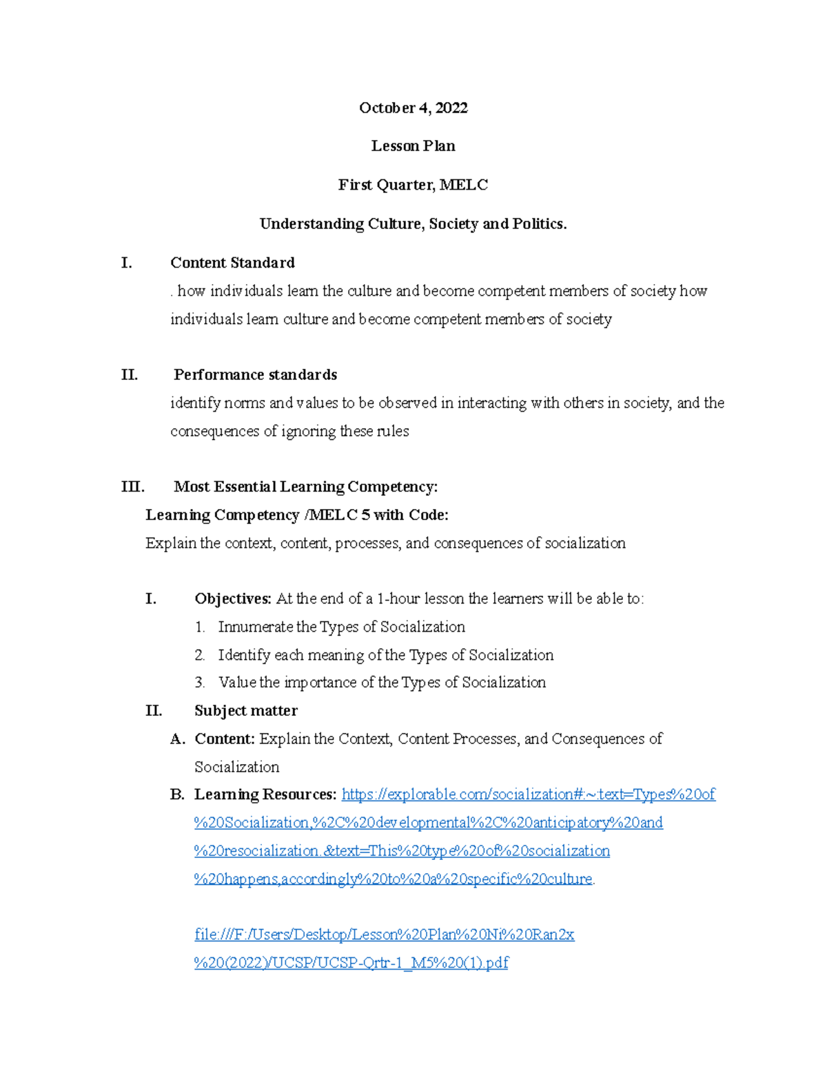 Lesson Plan 6 - adas - October 4, 2022 Lesson Plan First Quarter, MELC ...