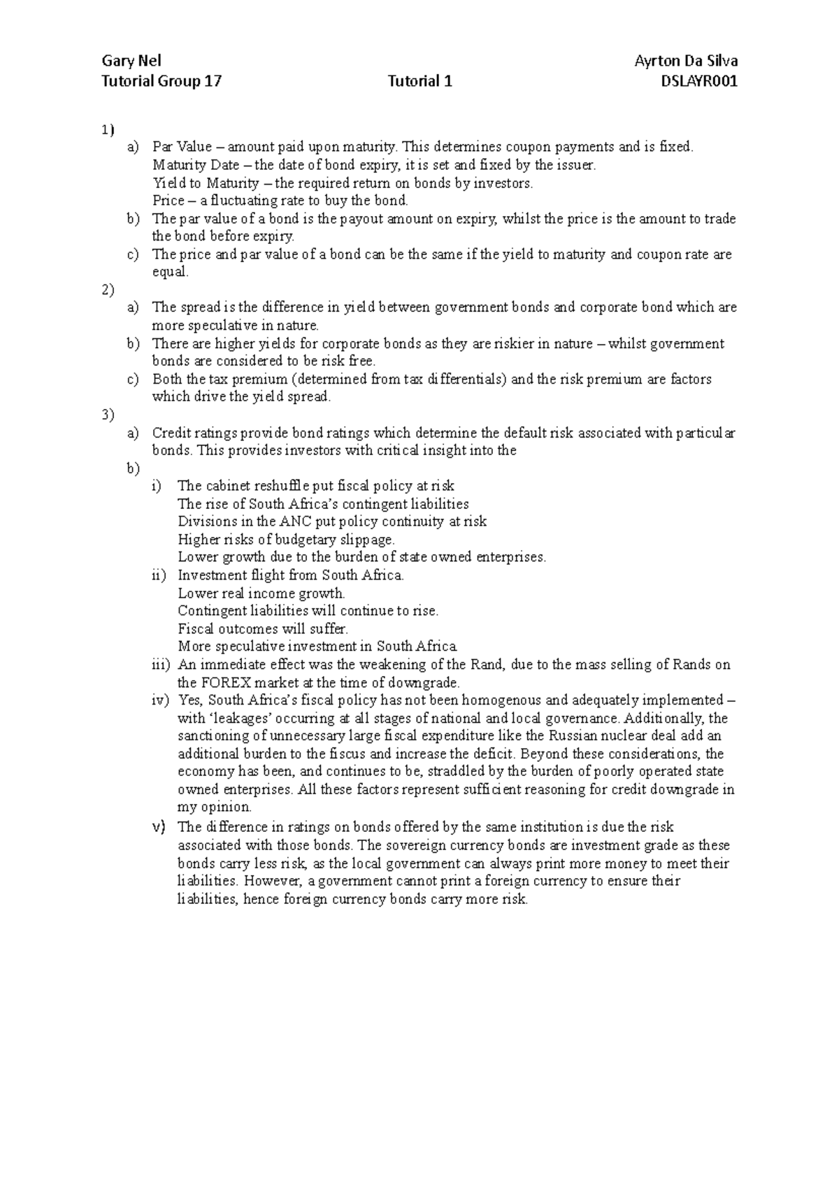 FTX3045S Tutorial 1 - Gary Nel Tutorial Group 17 Tutorial 1 Ayrton Da ...