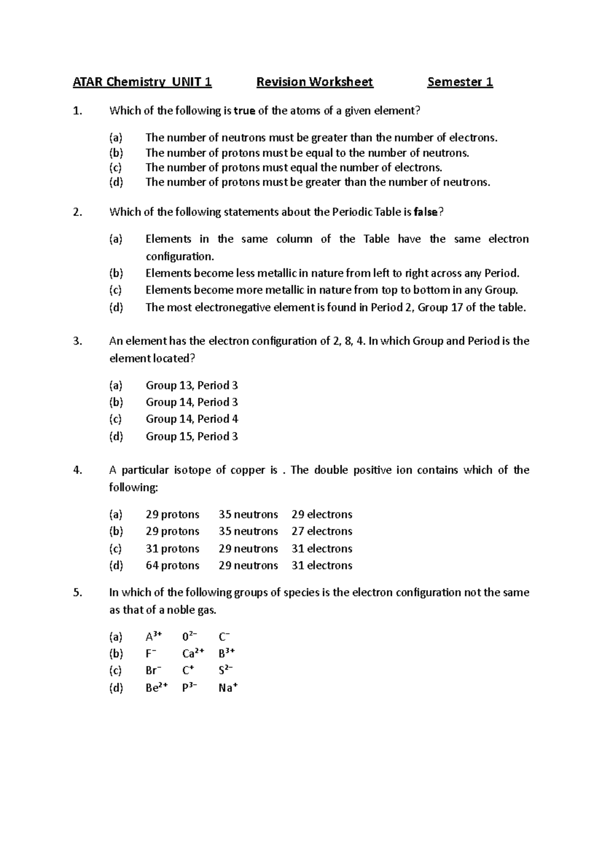 Chem Sem 1 Revision Worksheet - ATAR Chemistry UNIT 1 Revision ...