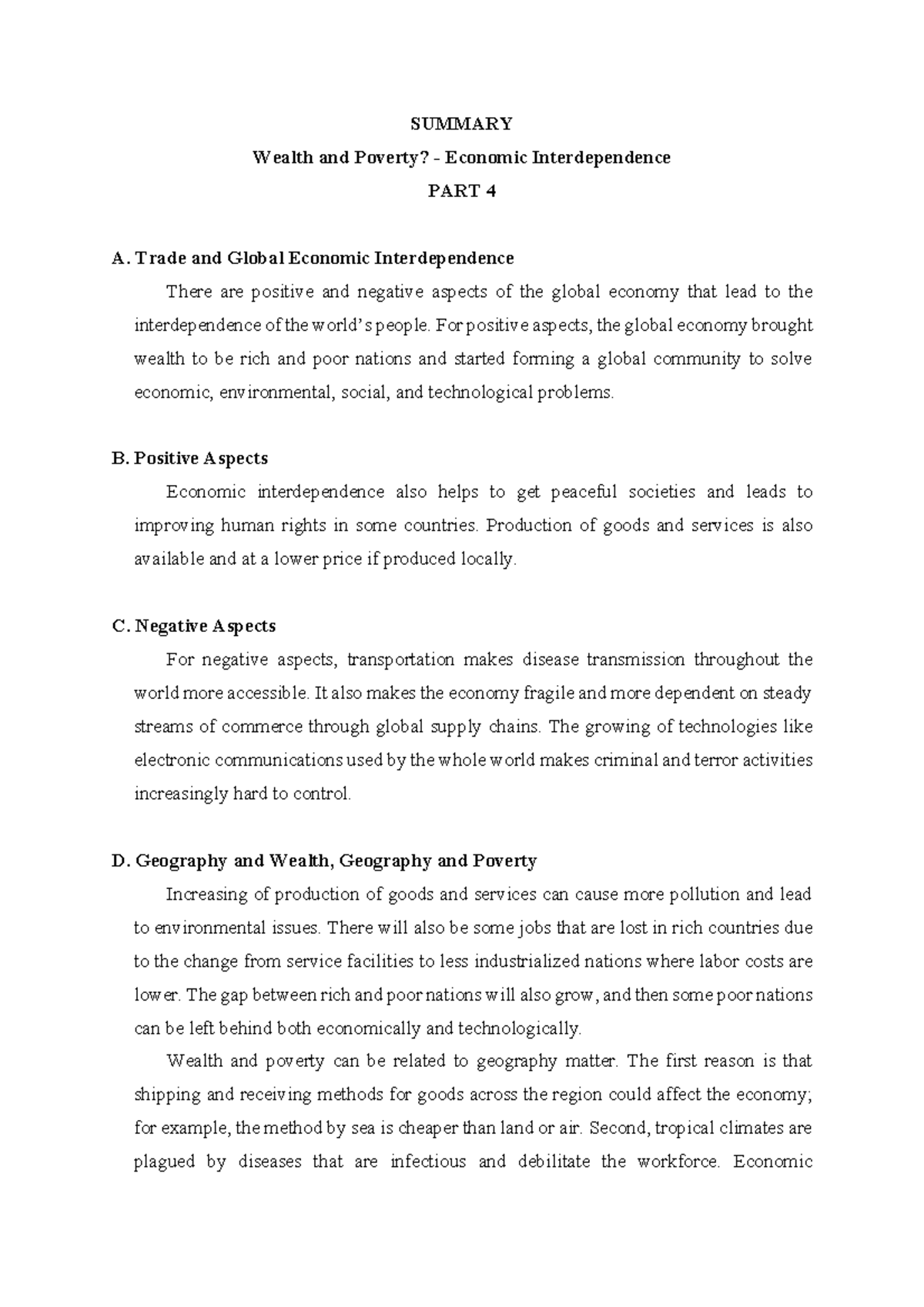 Global Issues - Wealth vs Poverty Economic Interdependence Summary 4 ...