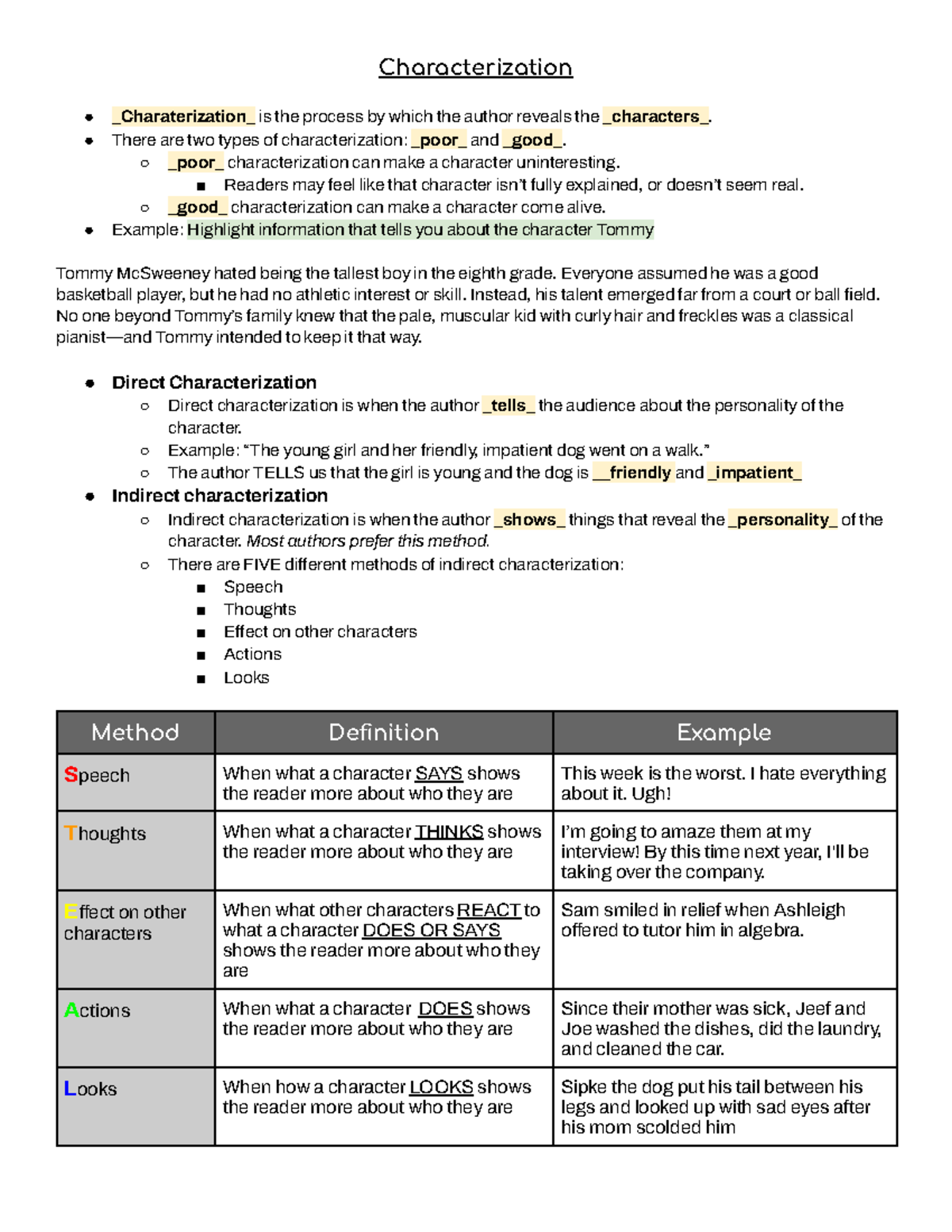 Notes Characterization - Characterization Charaterization is the ...