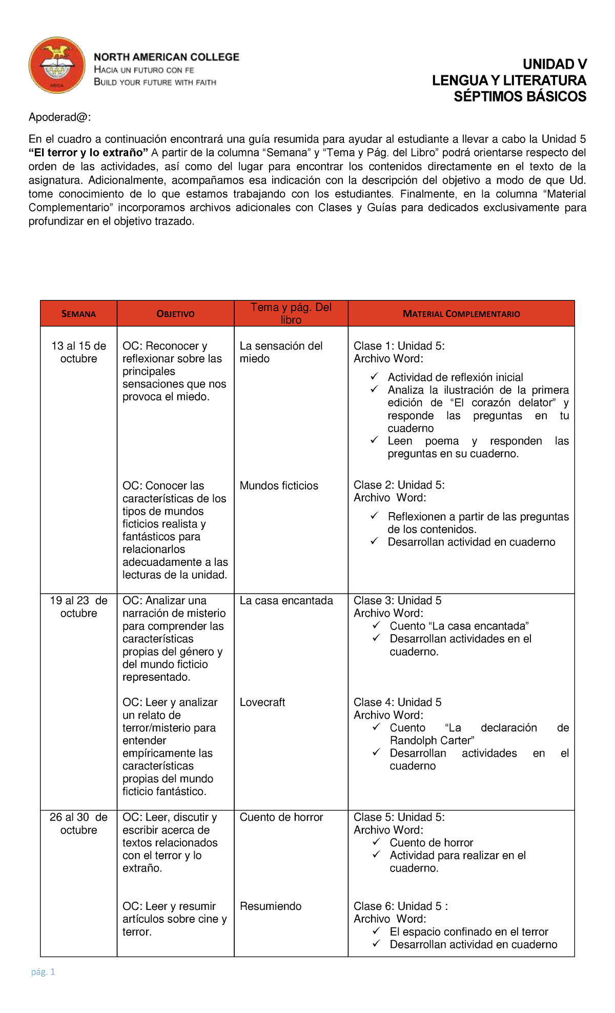 U5-AAPH - El terror y lo extraño - UNIDAD V LENGUA Y LITERATURA SÉPTIMOS BÁSICOS Apoderad@: En ...