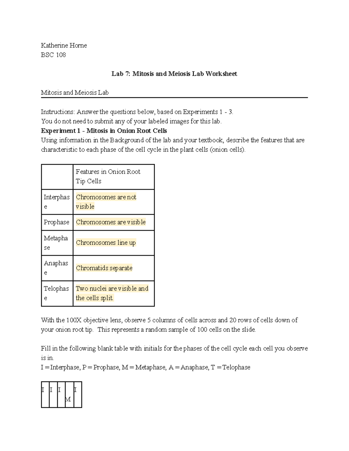 Bio Lab #7 - Bio lab #7 - Katherine Horne BSC 108 Lab 7: Mitosis and ...