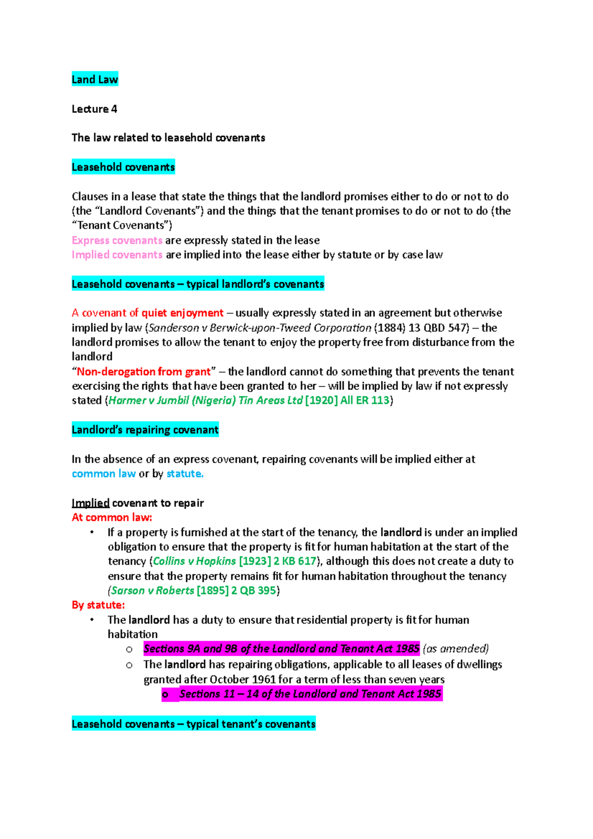 The law related to leasehold covenants - Land Law Lecture 4 The law related to leasehold ...