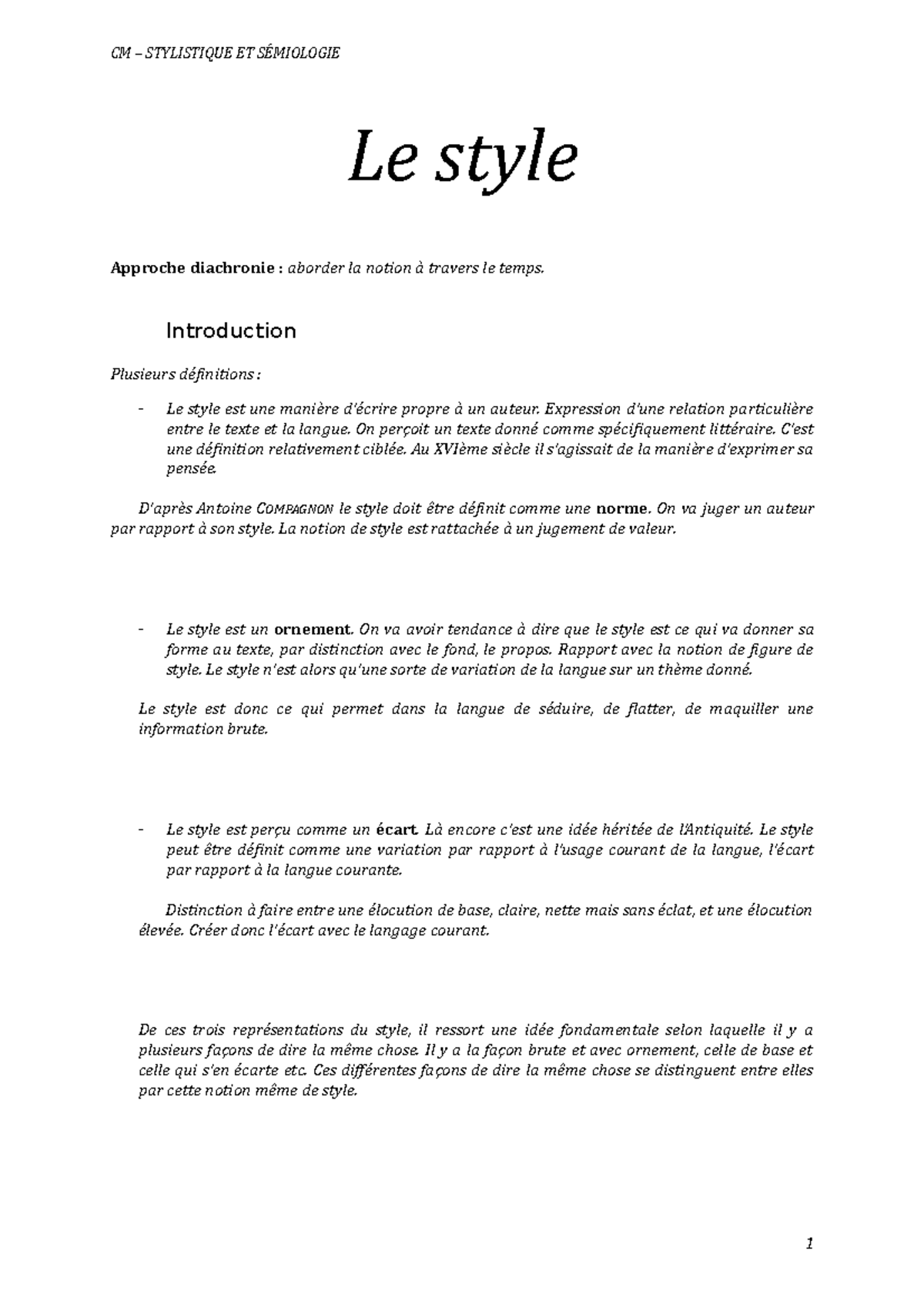 1 - Le style - Notes de cours Stylistique et sémiologie - CM ...