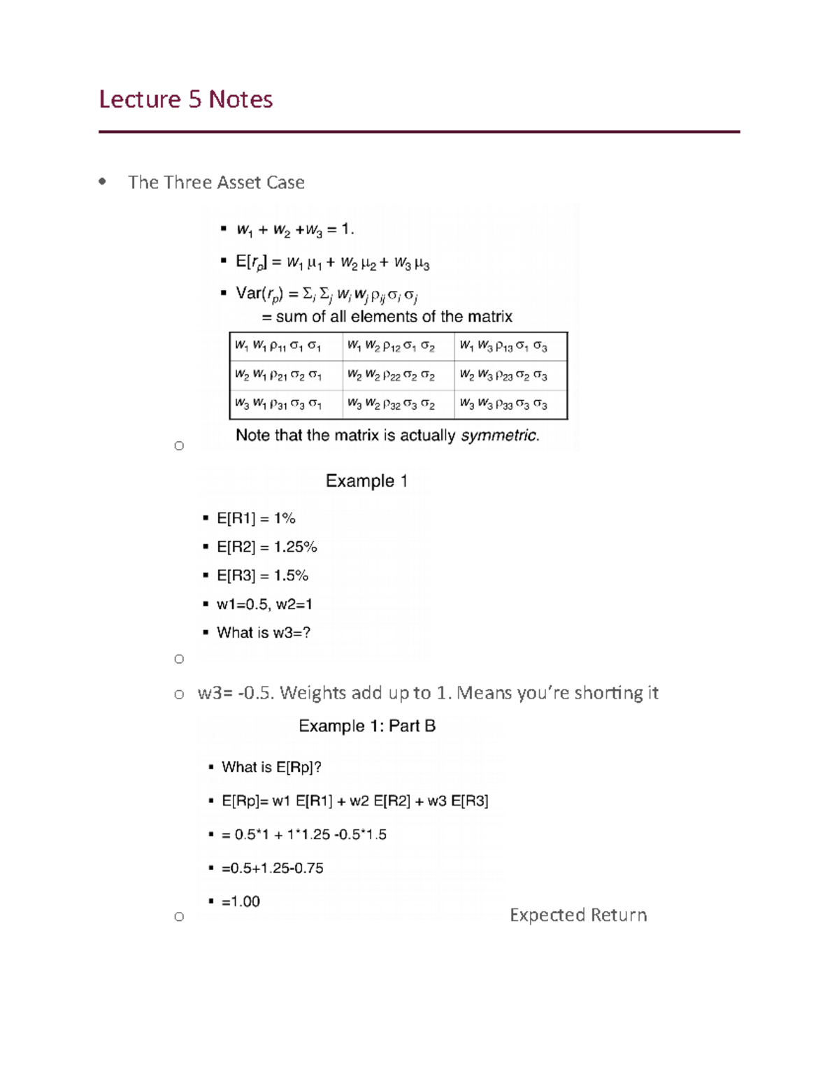 Lecture 5 Notes - Lecture 5 Notes The Three Asset Case o o o w3= -0 ...