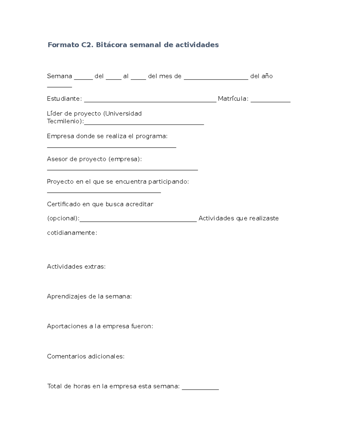 Formato C 2 2 - Apunte - Formato C2. Bitácora semanal de actividades ...
