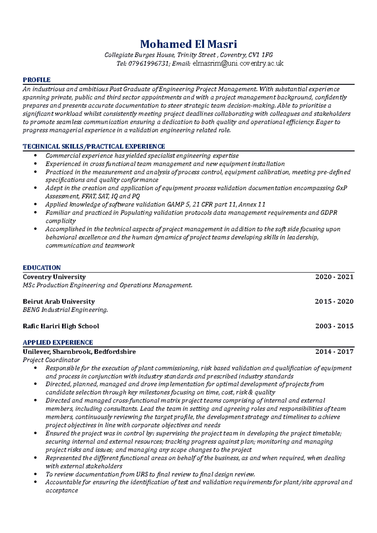 STEM - IFN CV - wow - Mohamed El Masri Collegiate Burges House, Trinity ...