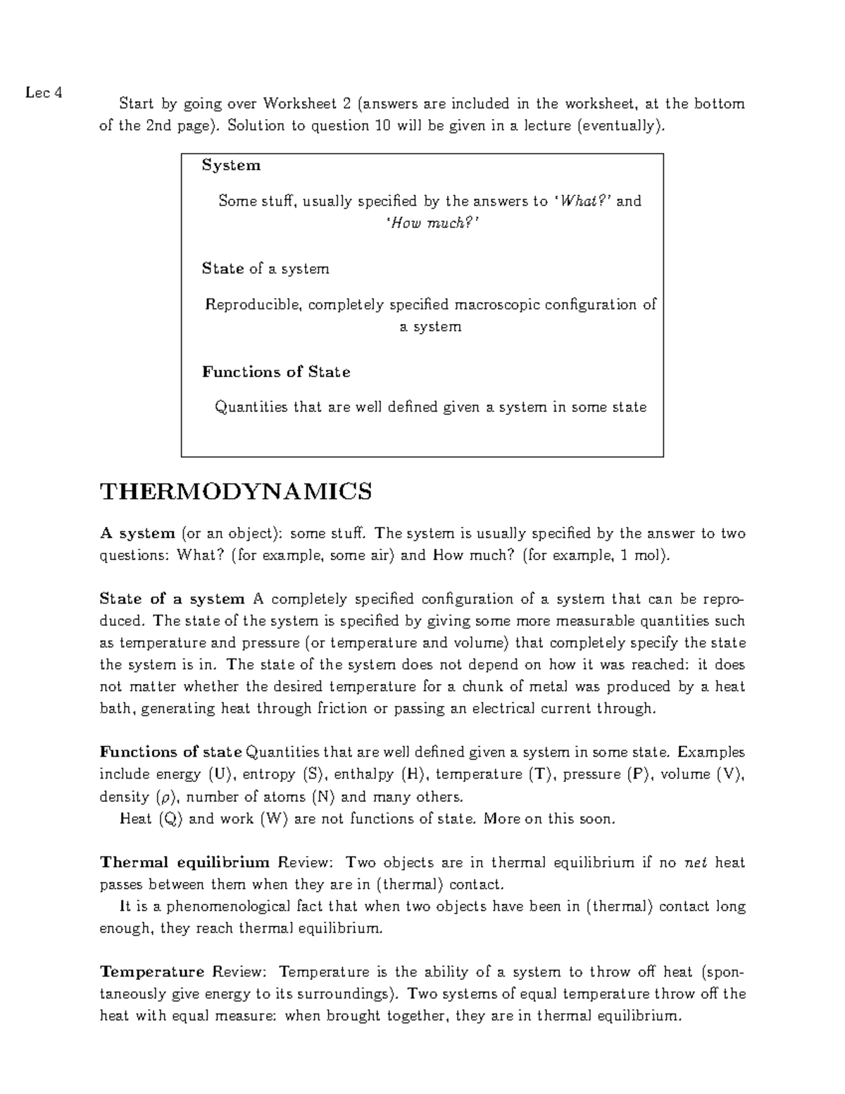 2020 Thermal Physics Lecture 4-notes - Lec 4 Start by going over ...