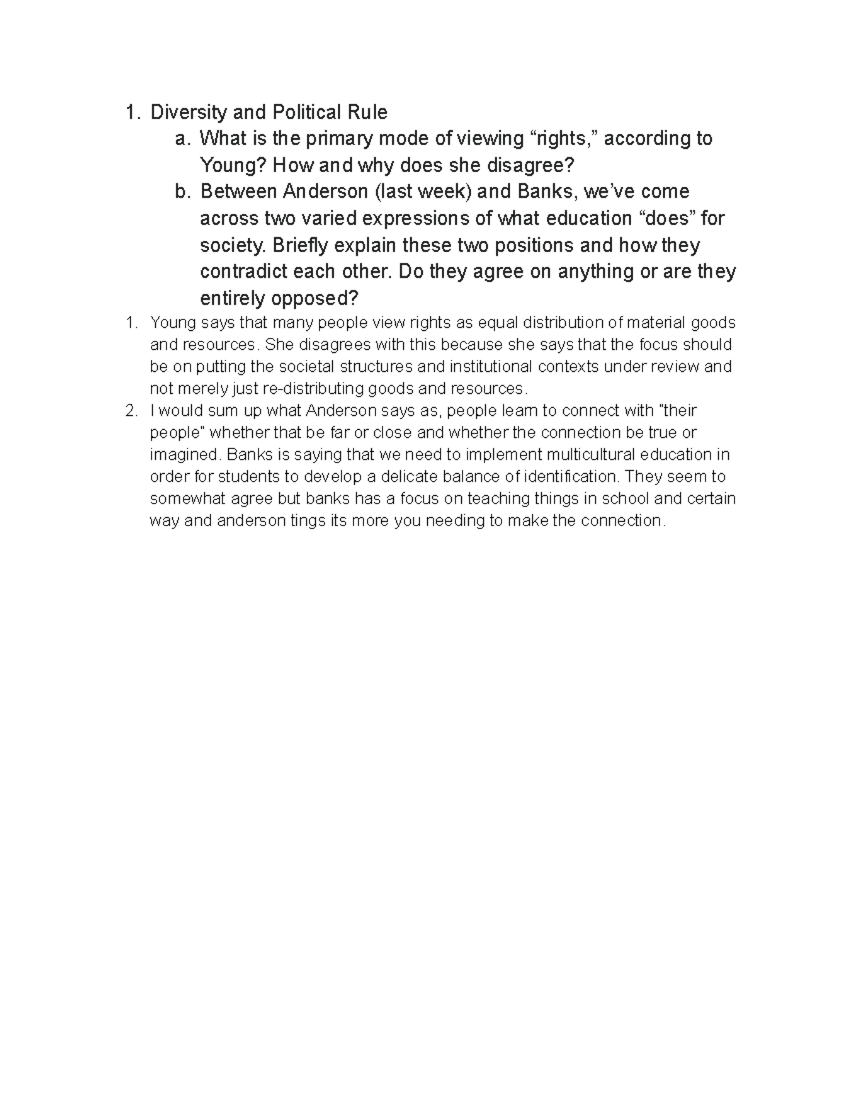 Week 2 Reading Response - 1. Diversity and Political Rule a. What is ...