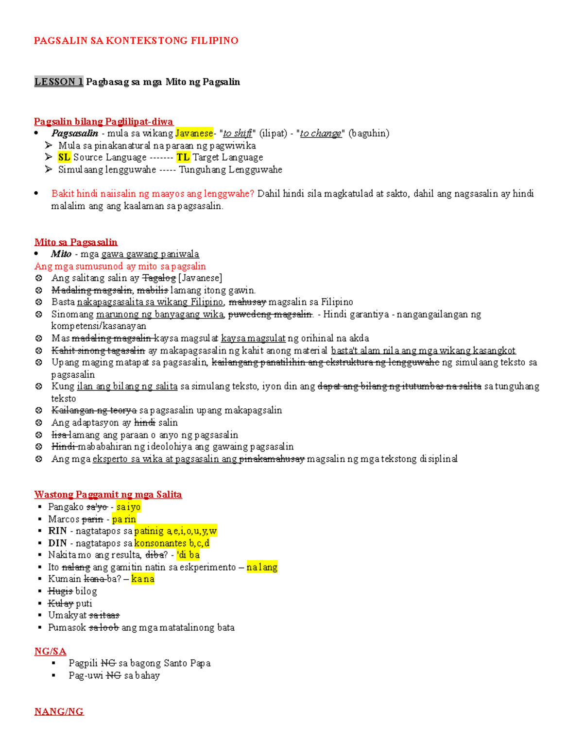PFK Notes - PAGSALIN SA KONTEKSTONG FILIPINO LESSON 1 Pagbasag sa mga ...