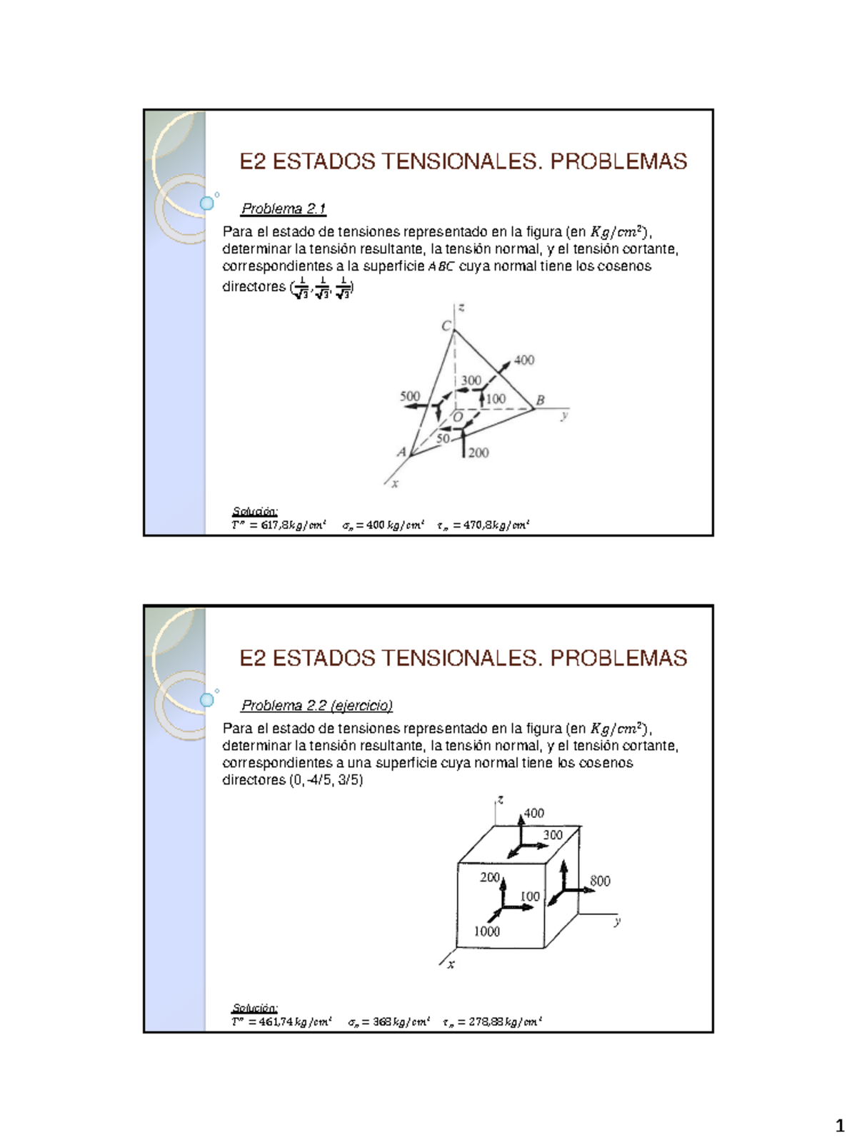 E2 Estados Tensionales. Problemas - Problema 2. Para el estado de tensiones representado en la ...