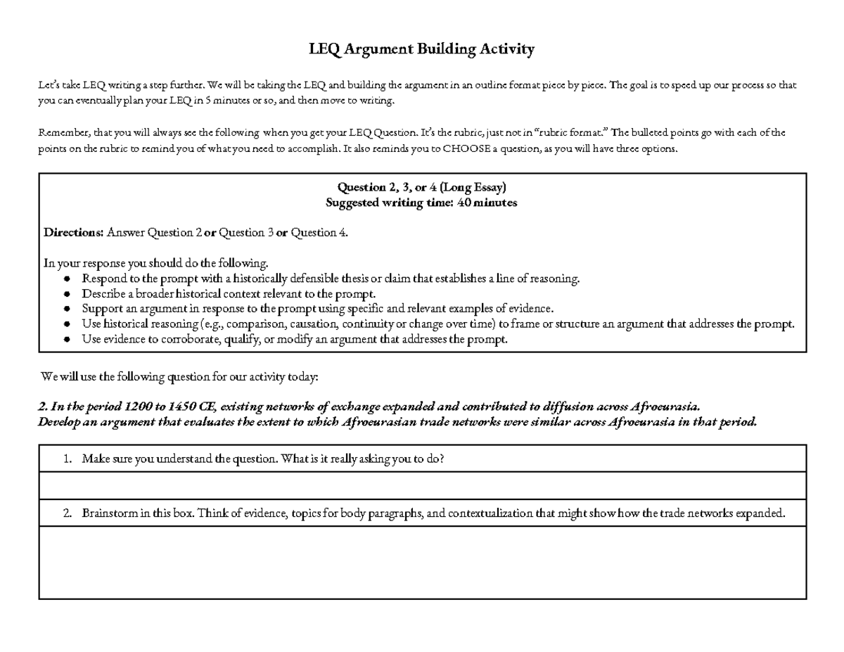 LEQUnit 2Argument Building Activity - LEQ Argument Building Activity ...