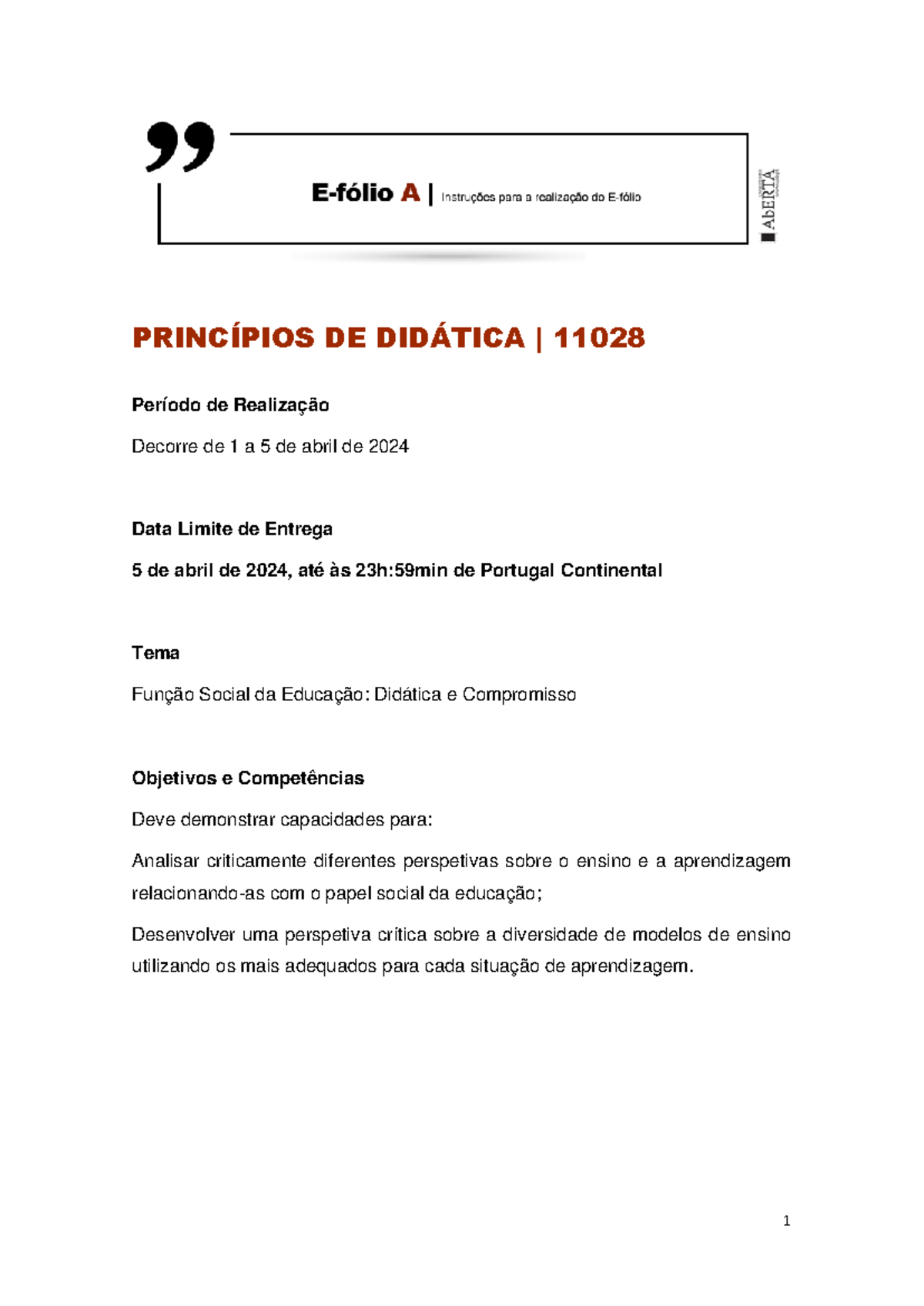 Efólio A abril 2024 Função Social da Educação: Didática e Compromisso ...