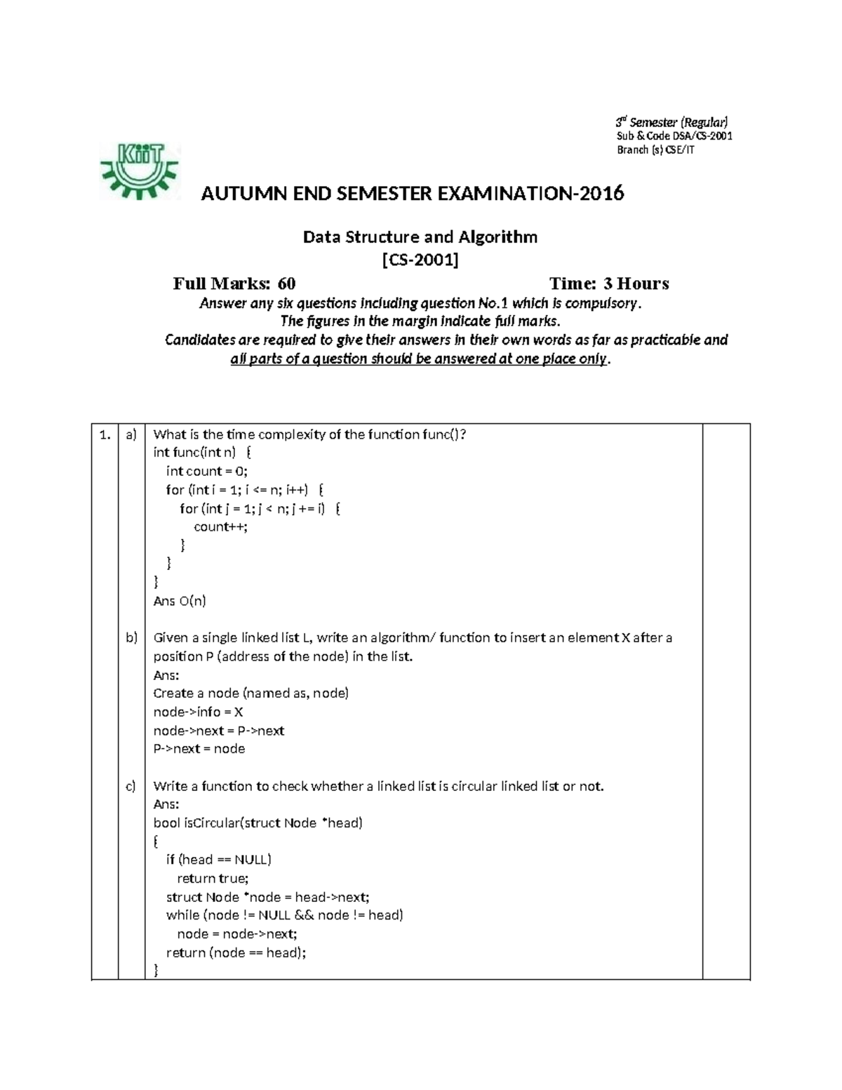 2016 END Regular Solution - AUTUMN END SEMESTER EXAMINATION- Data Structure and Algorithm [CS ...