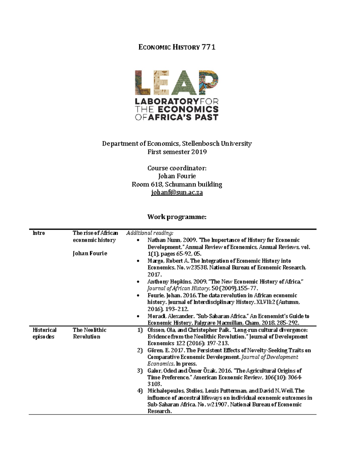 Economic History course outline 2019 - ECONOMIC HISTORY 771 Department ...