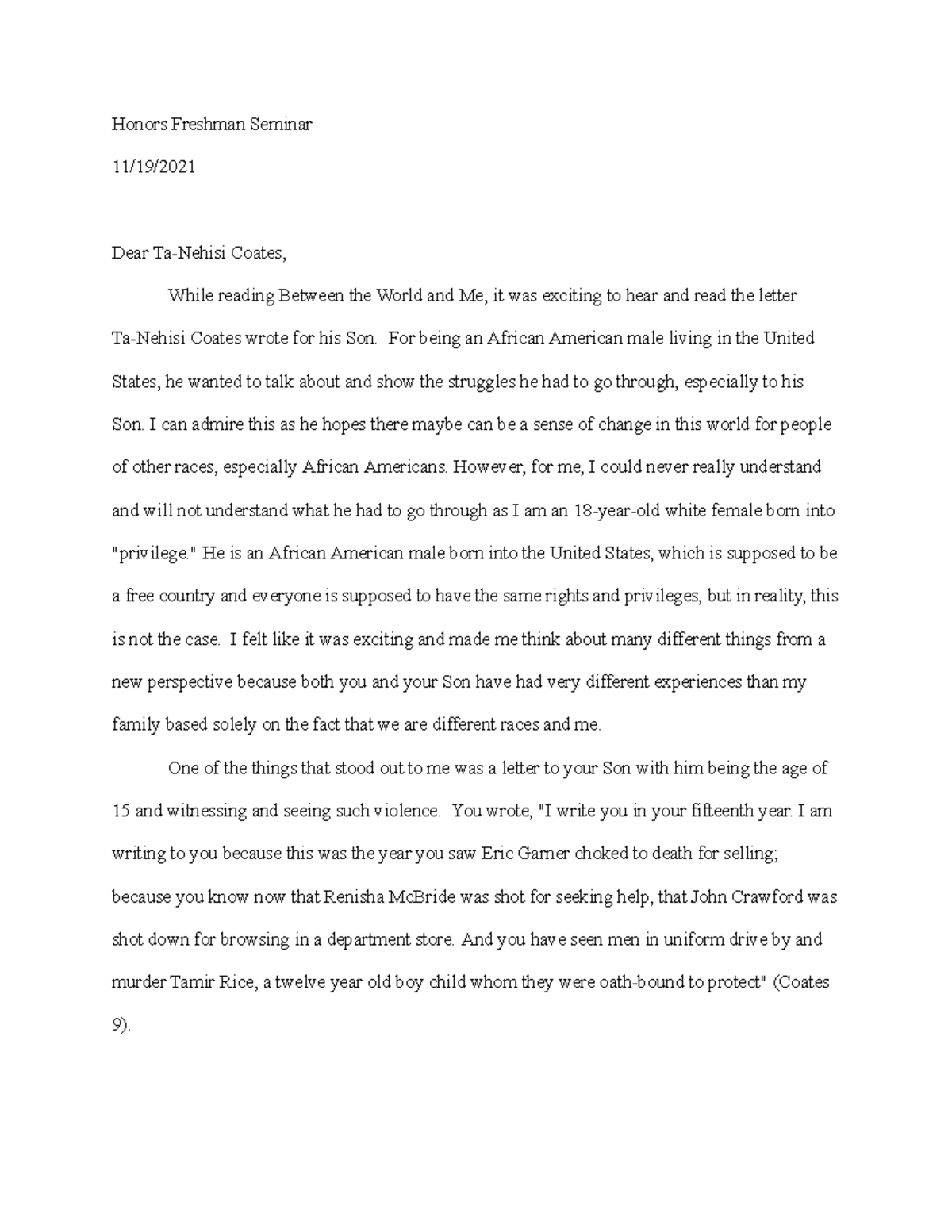 Letter to Ta-Nehisi Coates - Honors Freshman Seminar 11/19/ Dear Ta ...
