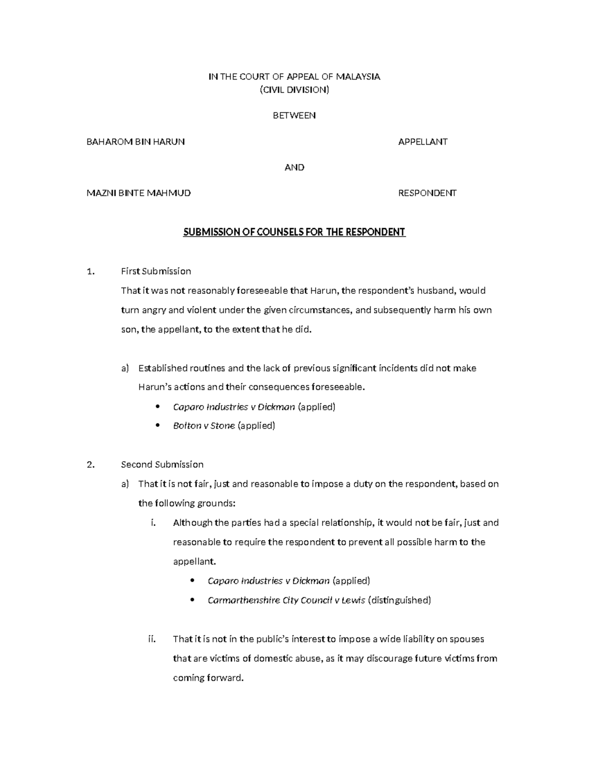Skeletal submissions sample 2 - IN THE COURT OF APPEAL OF MALAYSIA ...