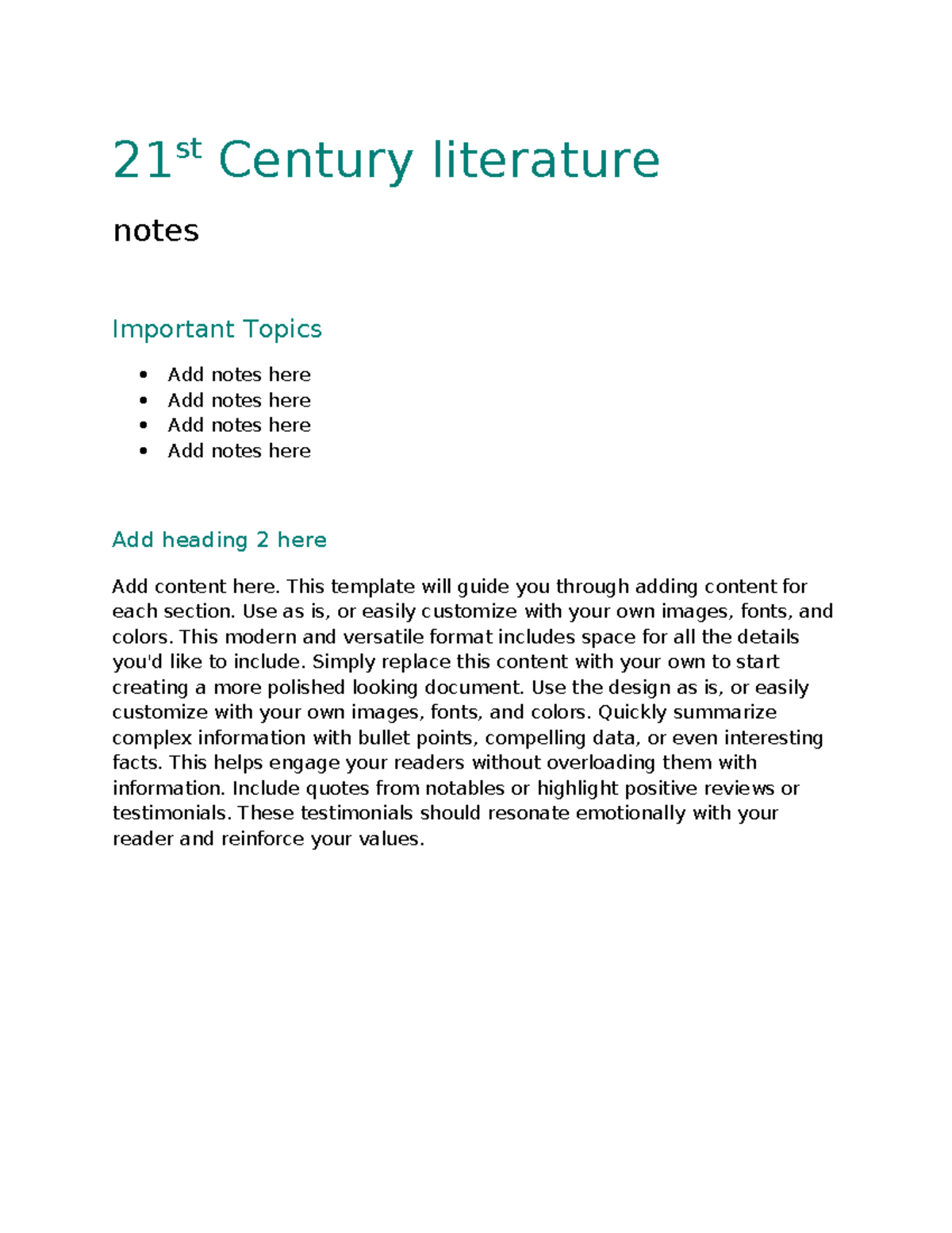 Notes - 21 st Century literature notes Important Topics Add notes here ...