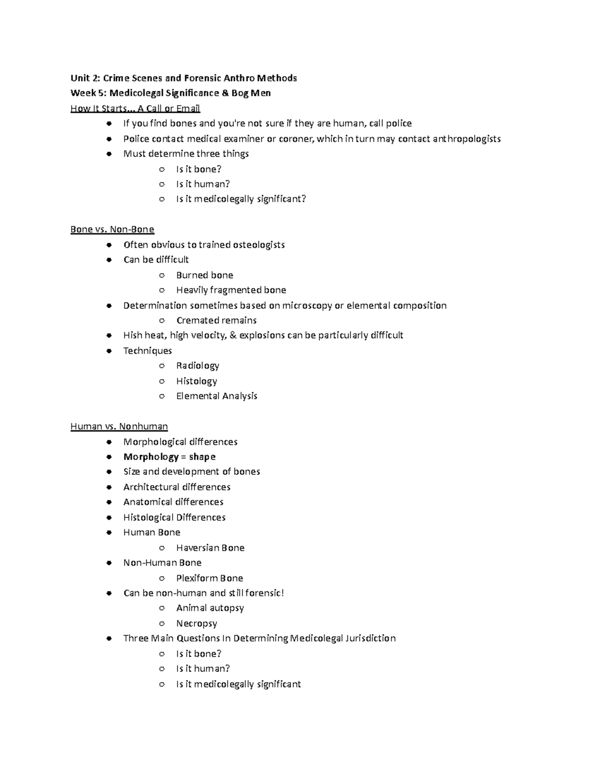Anth 365 Unit 2 - All lecture notes for Unit 2. - Unit 2: Crime Scenes ...