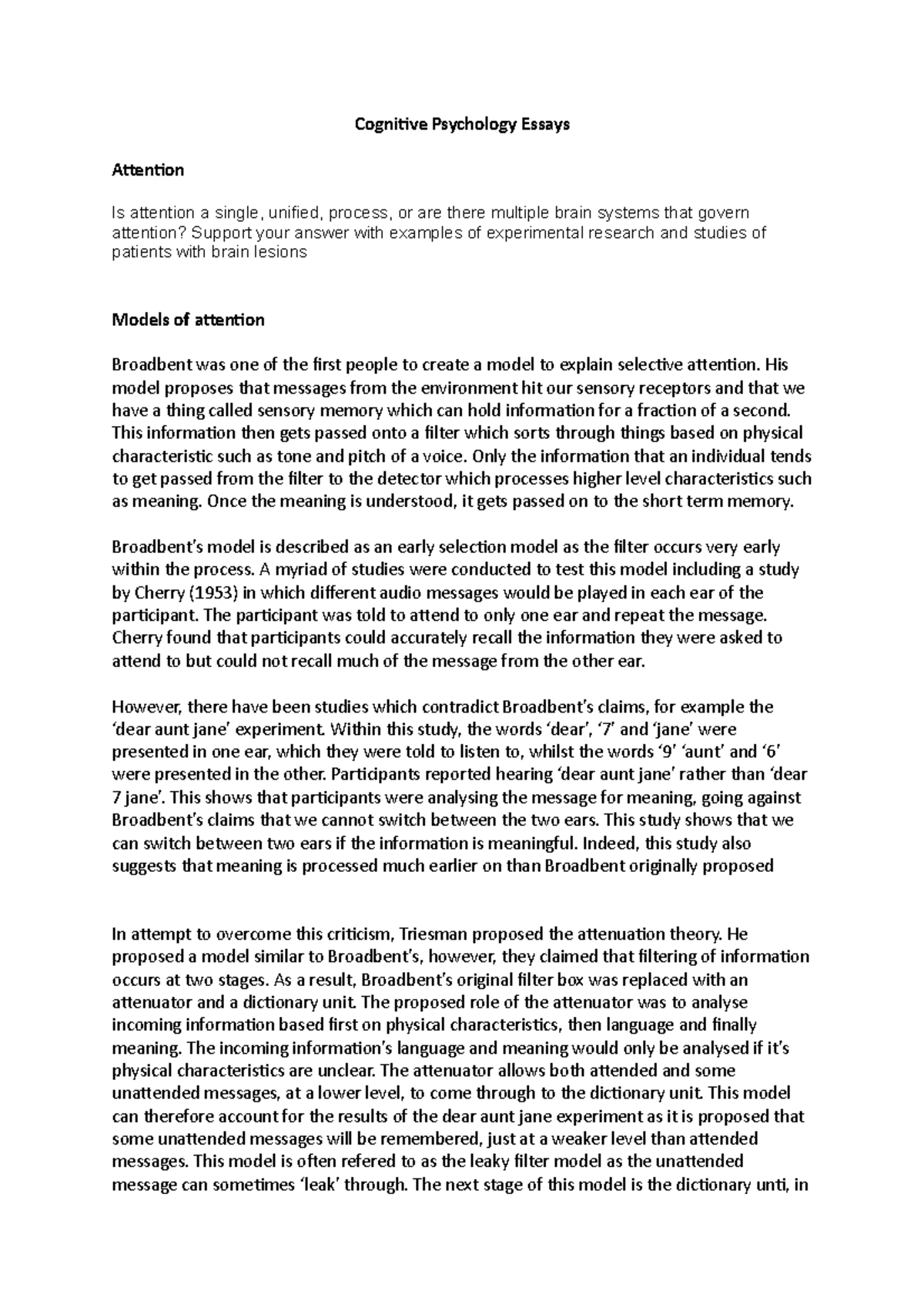 Cognitive Psychology Essays - Cognitive Psychology Essays Attention Is ...