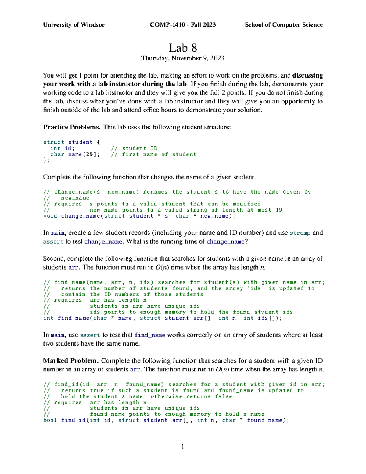 Lab8 - algorithms - University of Windsor COMP-1410 - Fall 2023 School of Computer Science Lab 8 ...