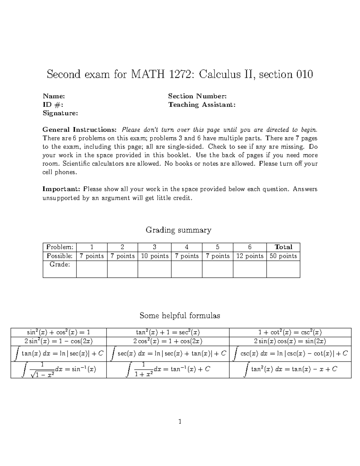 Solutions to Practice Midterm #2 - Second exam for MATH 1272: Calculus II, section 010 Name ...