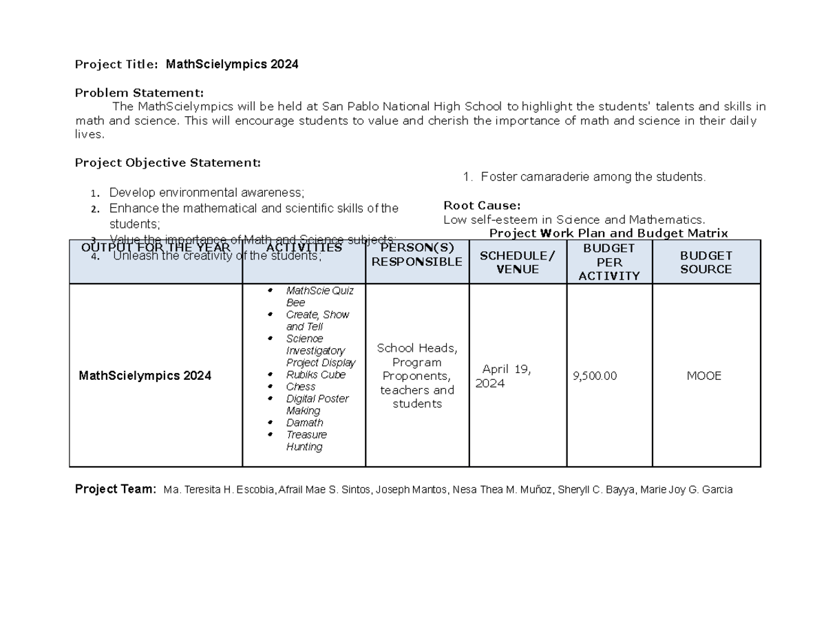 Individual Work Plan 2024 - Project Title: MathScielympics 2024 Problem ...