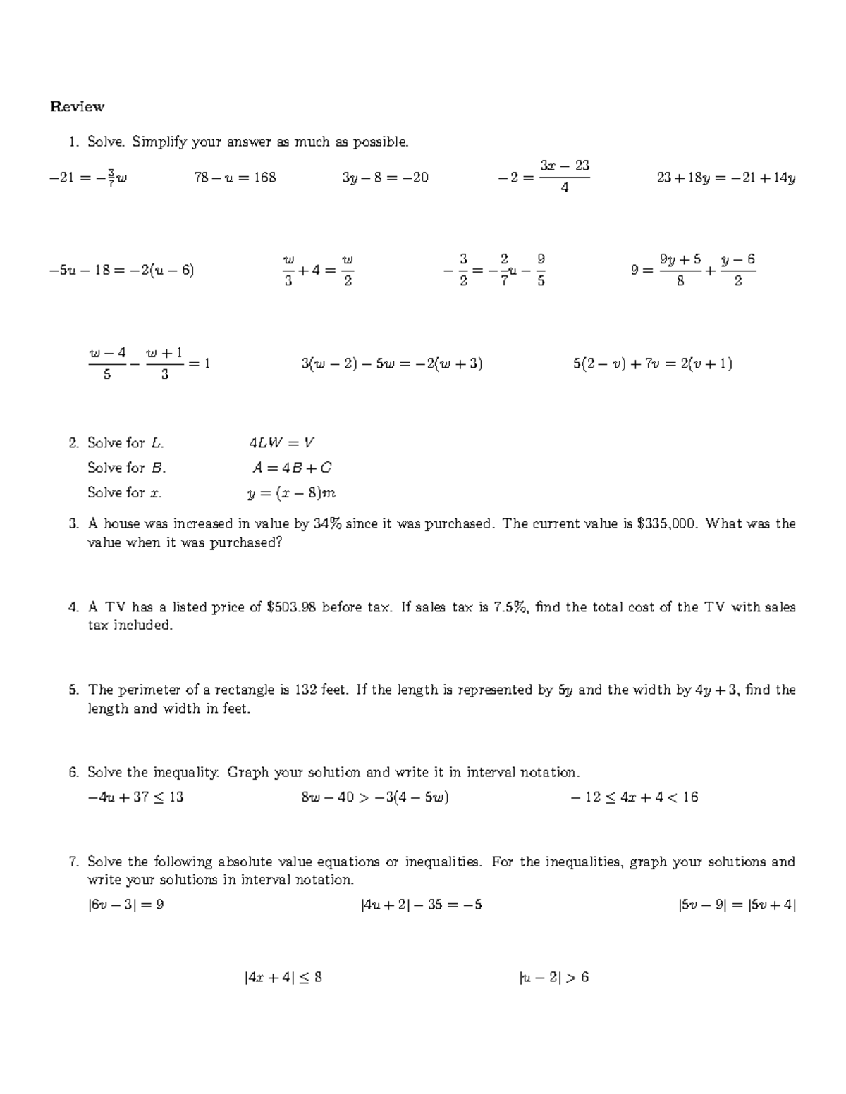 SEW Math review guide - Intermediate Algebra - Review 1. Solve ...