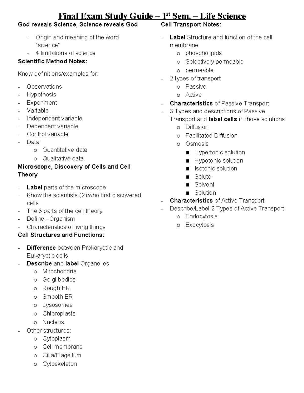 Study Guide Life Sci Final Exam 2015 - Final Exam Study Guide – 1 st ...