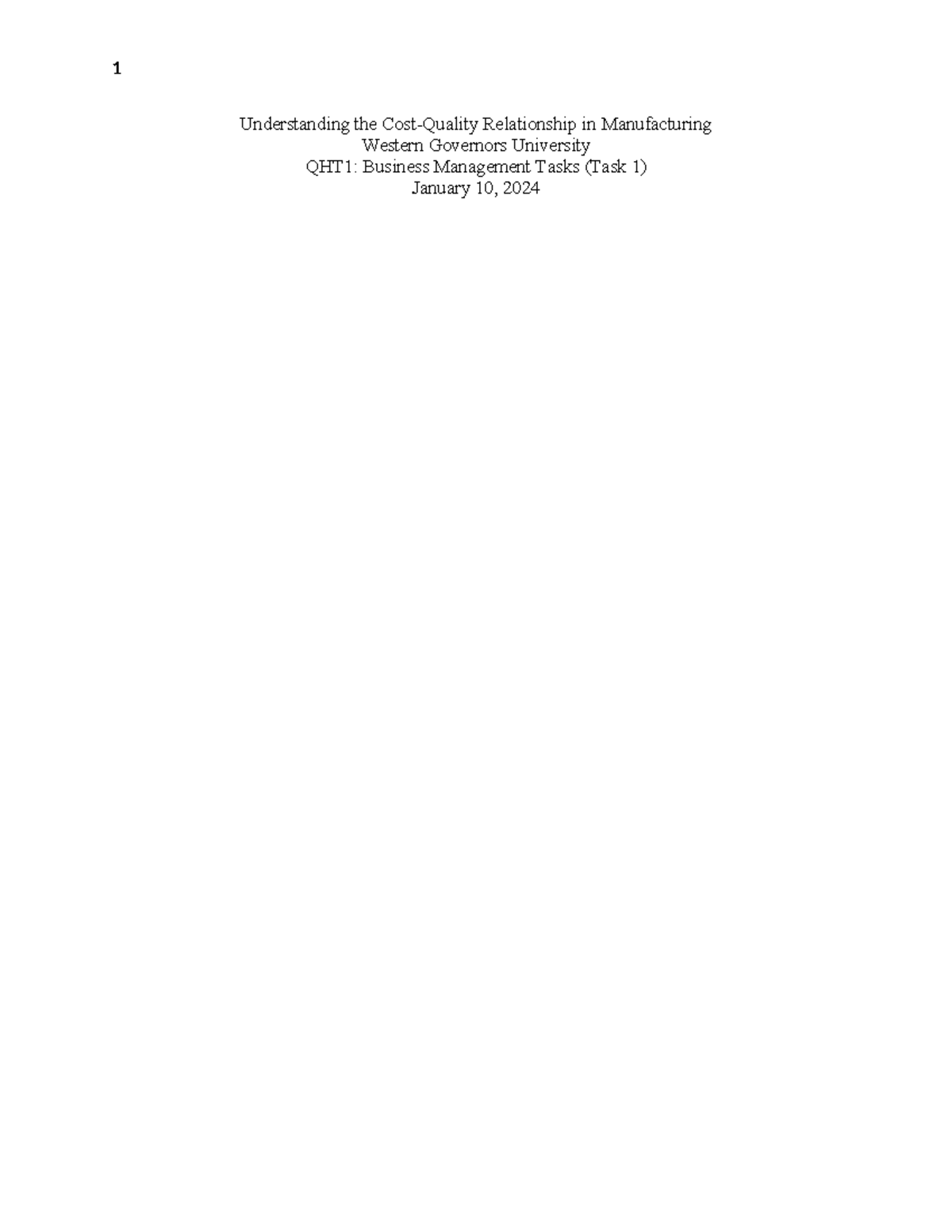 Task 1 Understanding the Cost-Quality Relationship in Manufacturing ...