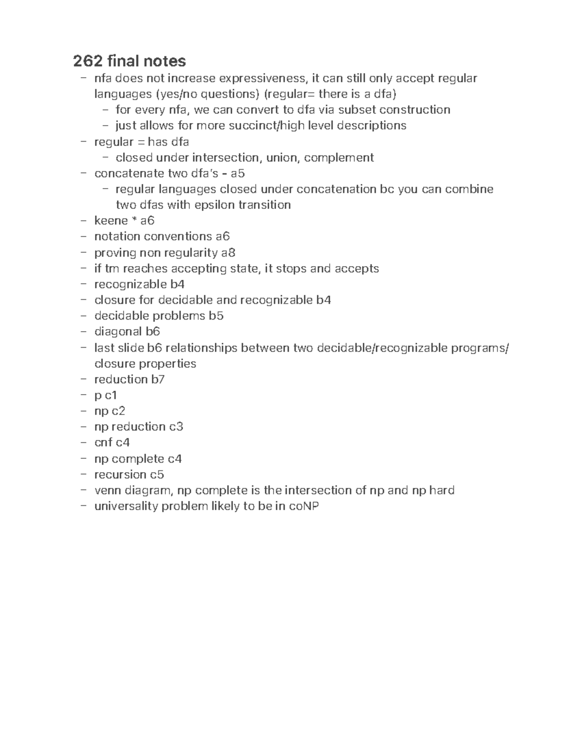 262 final notes - table of contents for lecture slides