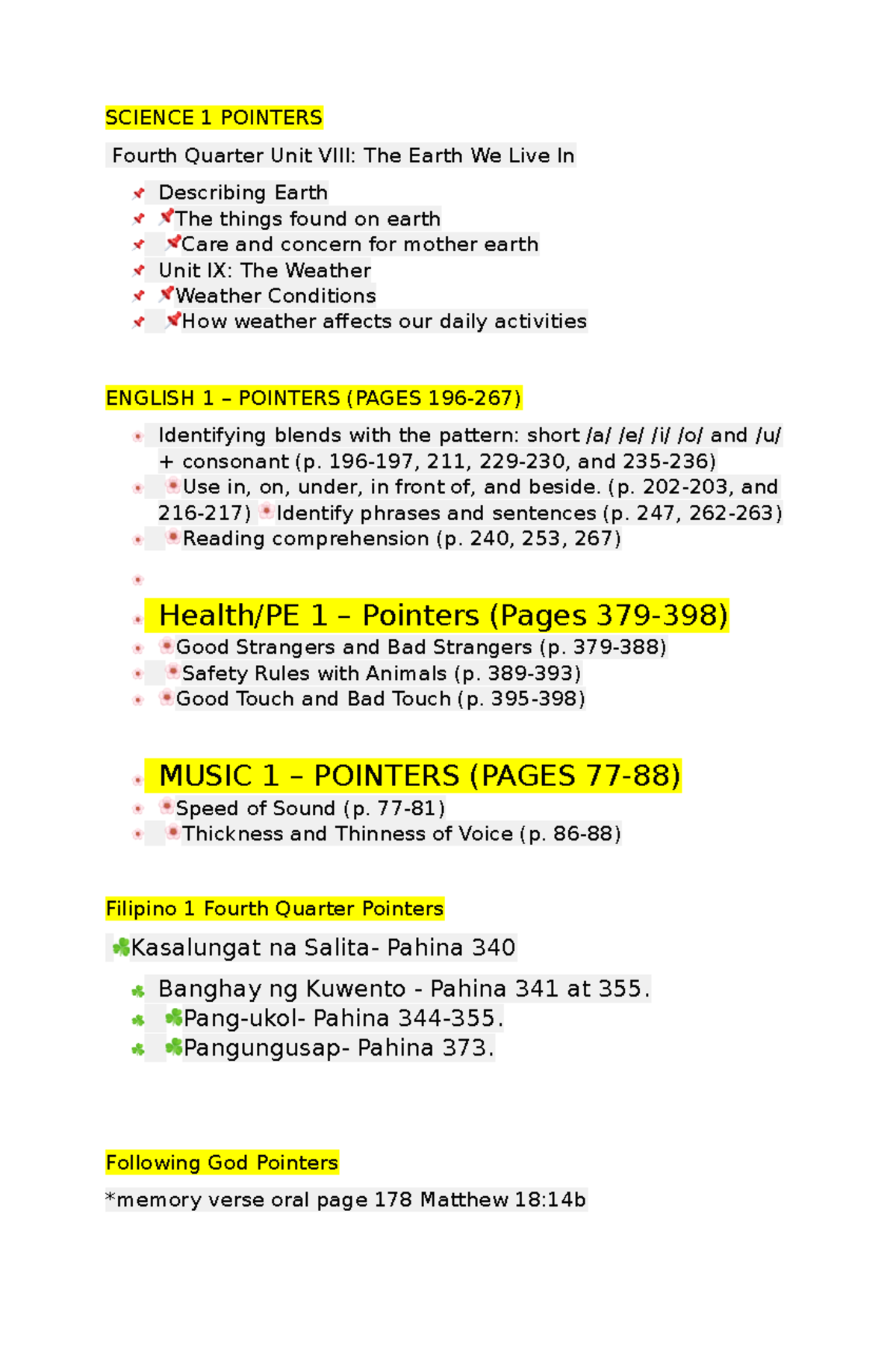 Science 1 Pointers - nonw - SCIENCE 1 POINTERS Fourth Quarter Unit VIII: The Earth We Live In ...