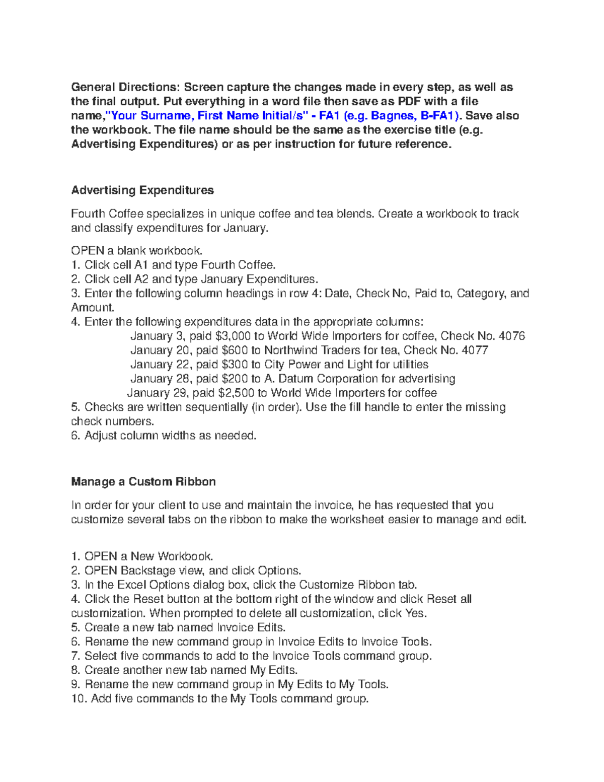 General Directions on Excel - General Directions: Screen capture the ...