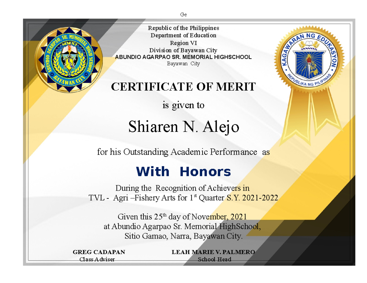 Award Certificates Templates Aasmhs - Ge Republic of the Philippines ...
