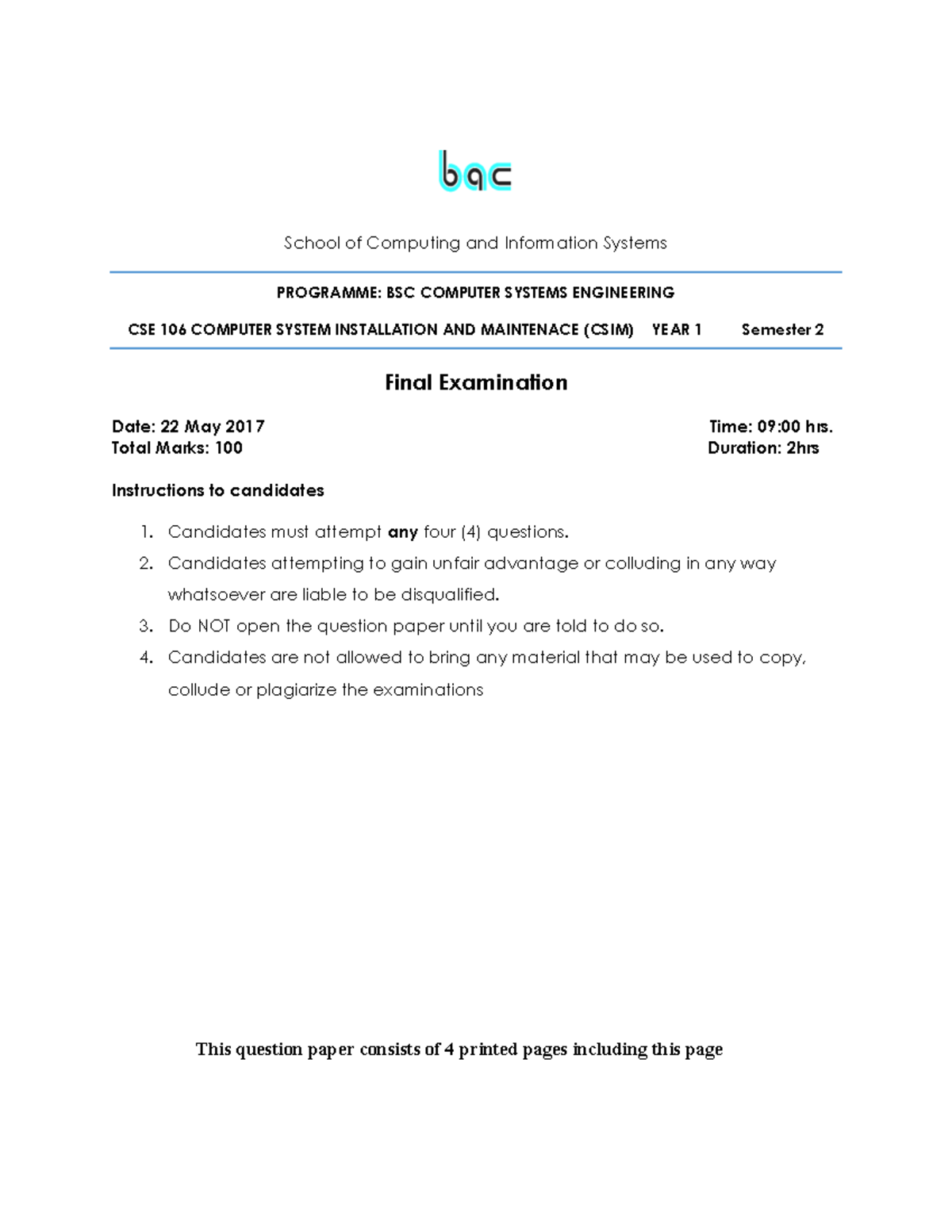 CSIM Final Exam 2017- QP - School of Computing and Information Systems ...