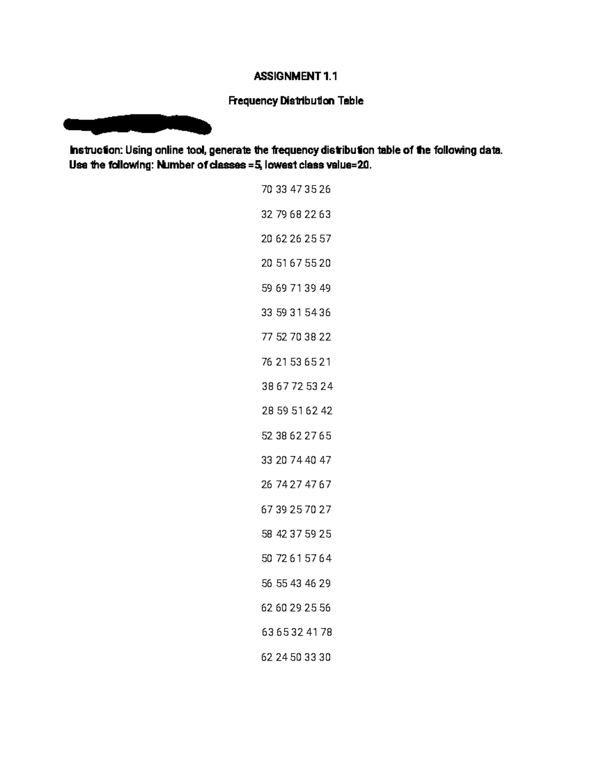 Assignment 1.1 Frequency Distribution table - F r e q u e n c y D i s t r i b u t i o n T a b l ...